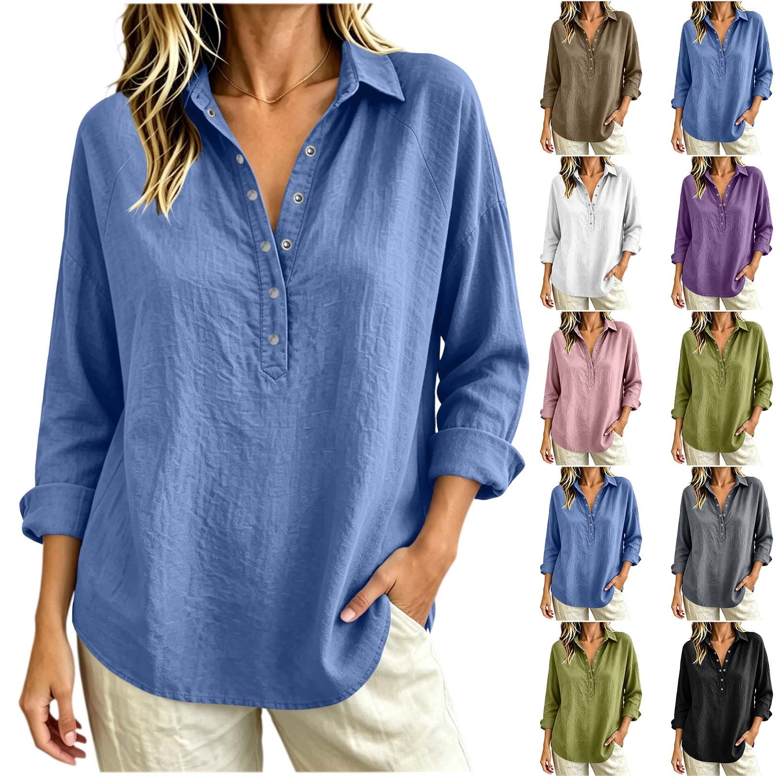 Bixock Button Down Shirts for Women Long Sleeve Tops Solid Color Loose ...