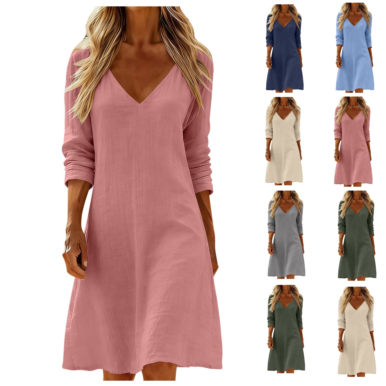 Bixock Casual Dresses for Women V Neck Mid Sleeved Pleated Cotton Linen ...