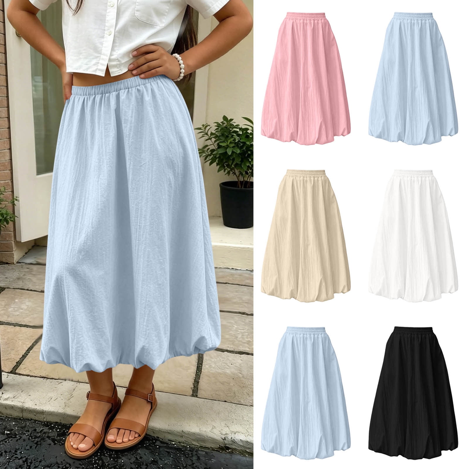 Bixock Girls Casual Skirt Summer Dress Solid Color Elastic Waist Pocket ...