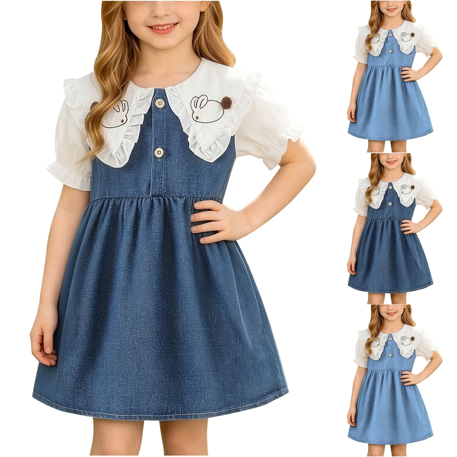 Bixock Girls Denim Dress Summer Casual Dress Short Sleeve Print Floral ...