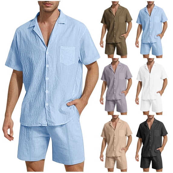 Bixock Men's 2 Piece Outfits,Men Shorts Set Linen Solid Color Lapel ...