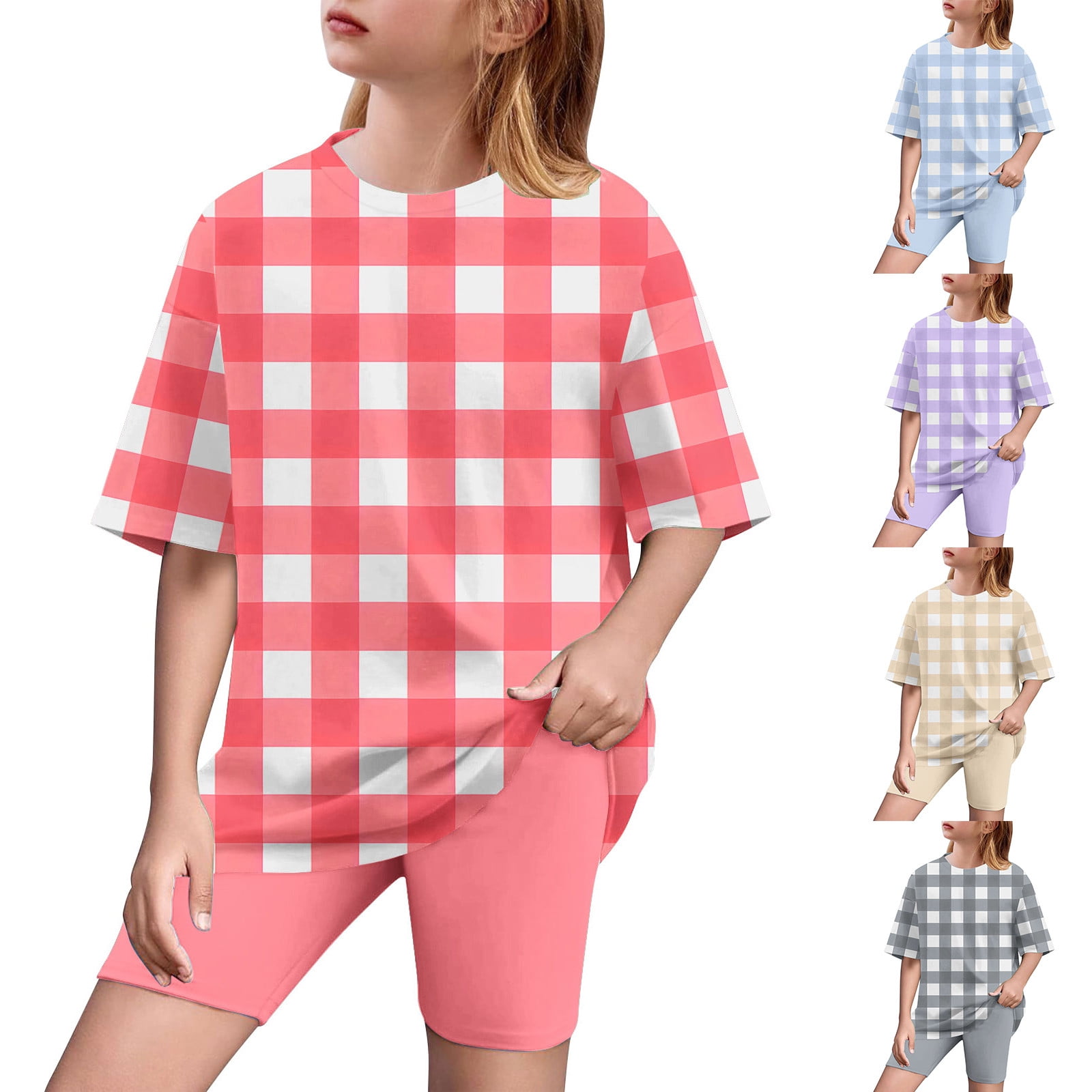 Bixock Onefit Sets for Kids 5-15 Years Plaid Loose Short Sleeve Top and ...