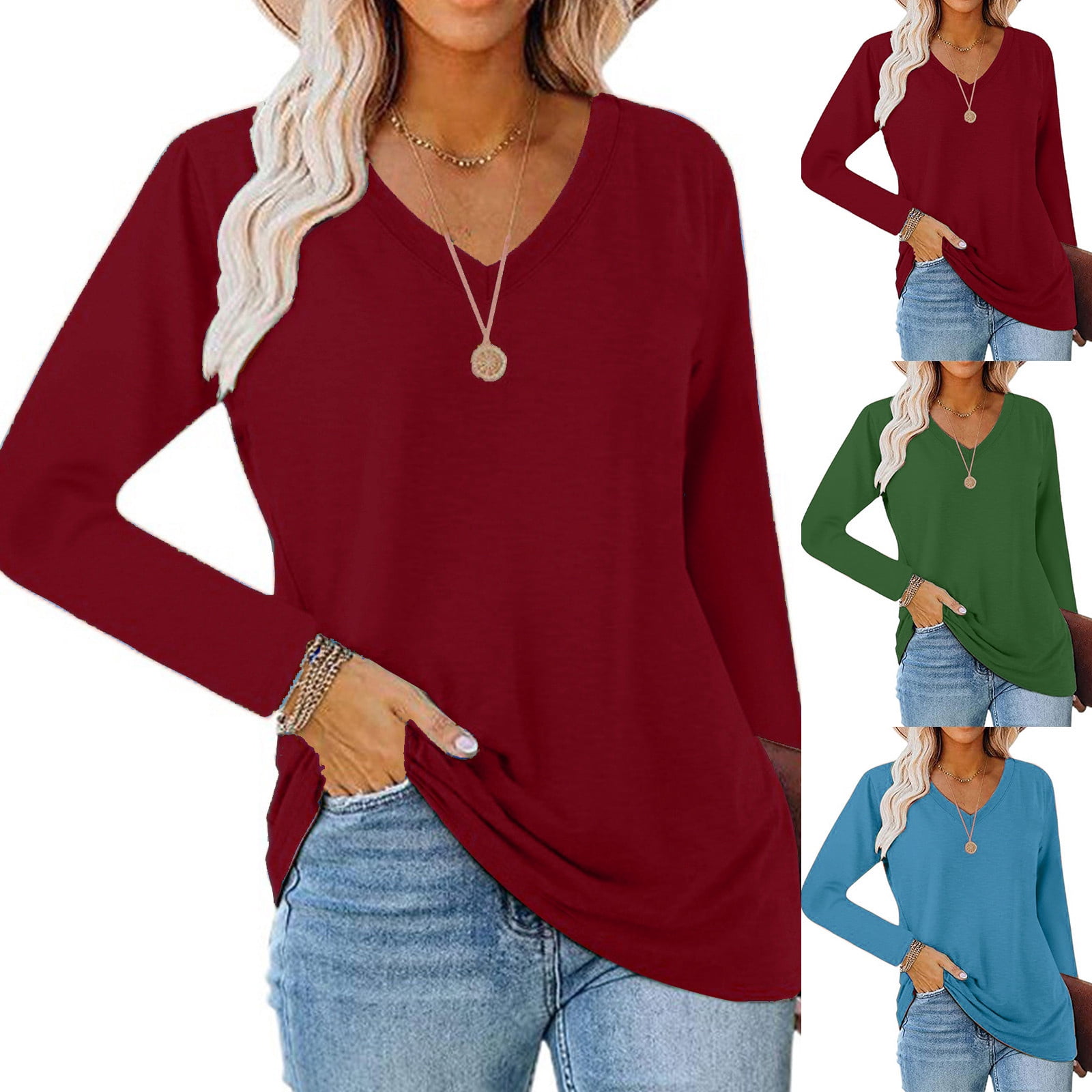 Bixock Plus Size Women Long Sleeve Tops Solid Color V Neck Loose ...