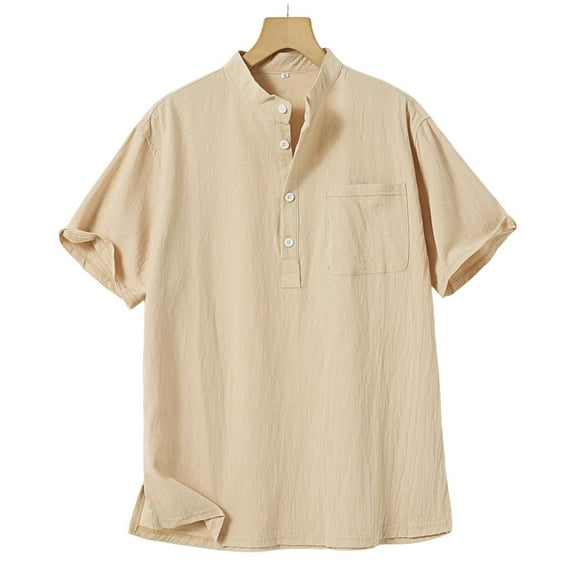 Bixock Shirts for Men,Men's Linen Shirts Short Sleeve Stand Collar ...