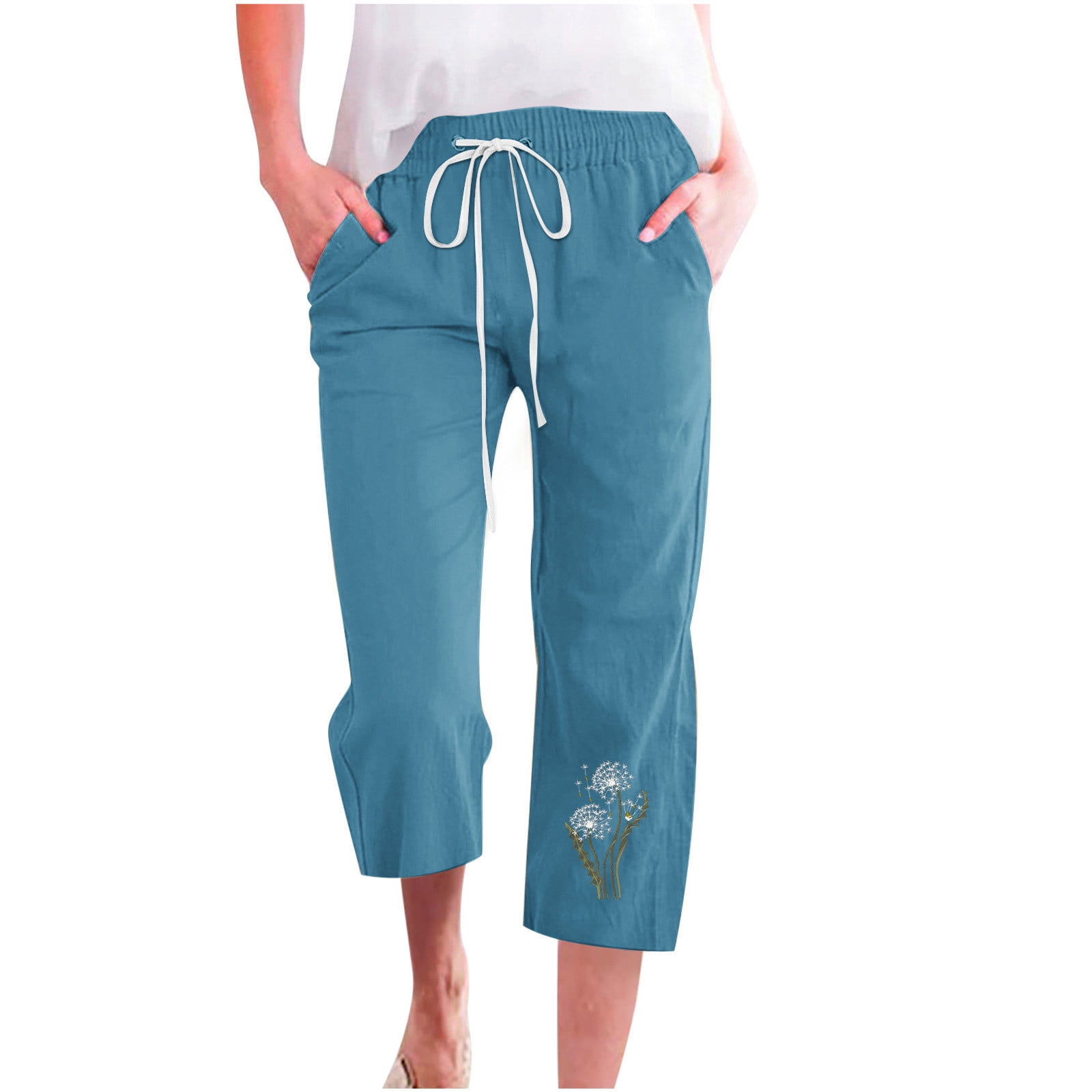 Bixock Wide Leg Pants for Women Capri Pants Cotton Linen Mid Pants ...