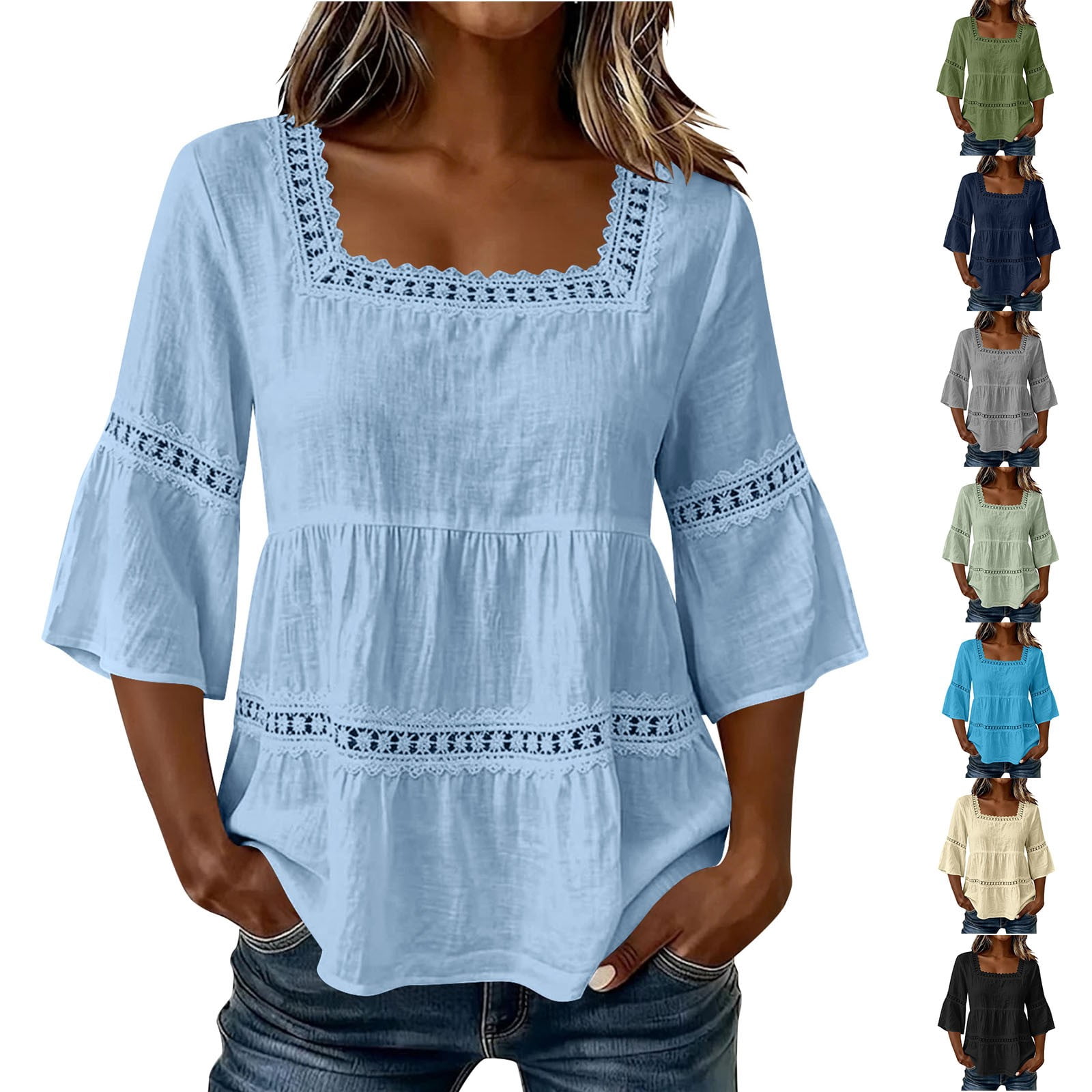 Bixock Women Blouses Casual 3/4 Length Sleeve Tops Linen Blouse Solid ...