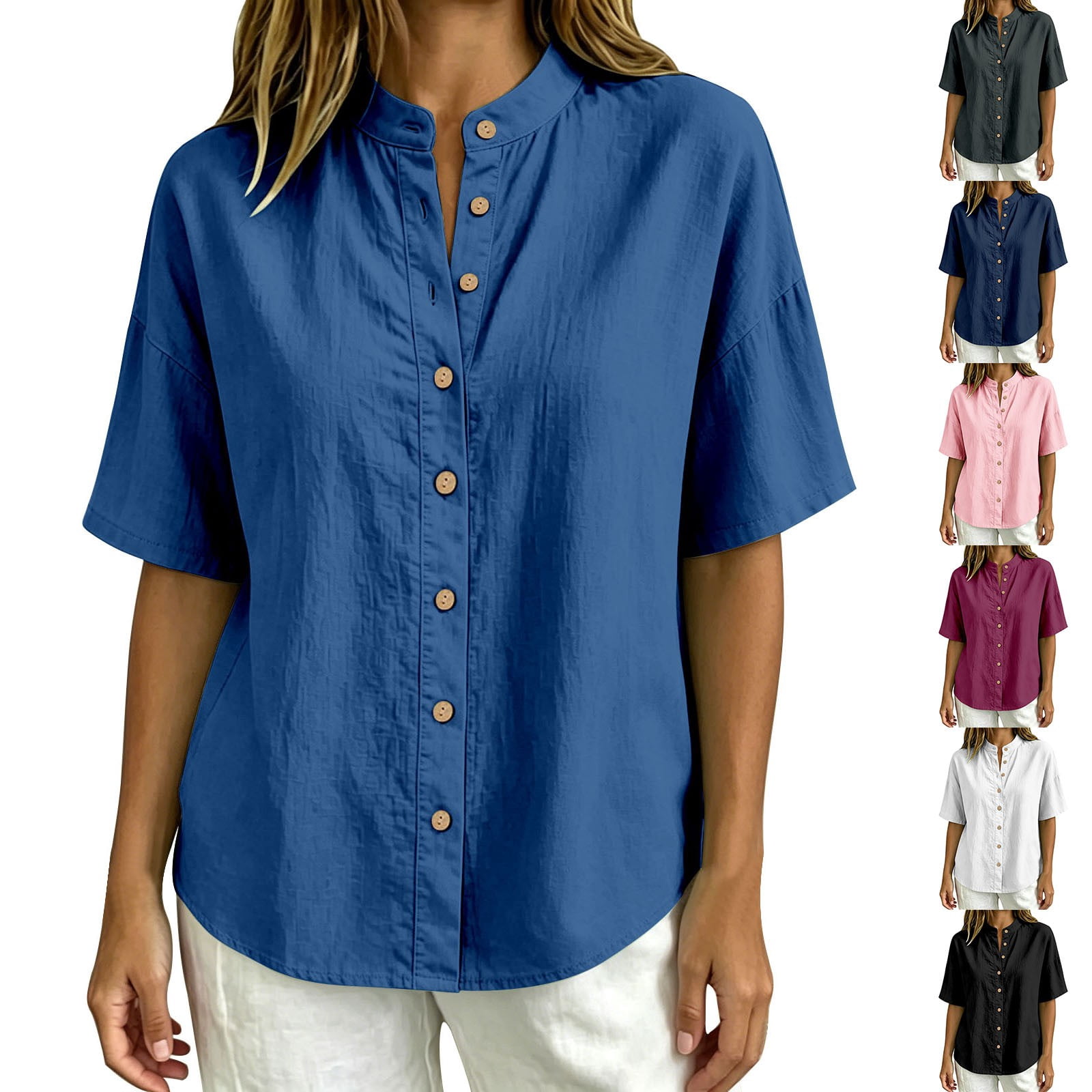 Bixock Women Button Down Shirts Short Sleeve Solid Color Drop Shoulder ...