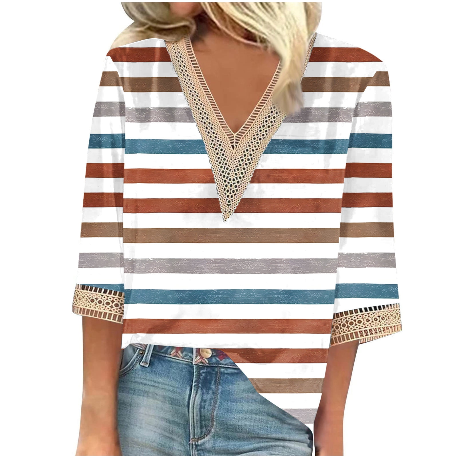 Bixock 3/4 Length Sleeve Womens Tops Lace V Neck Random Print T Shirt ...
