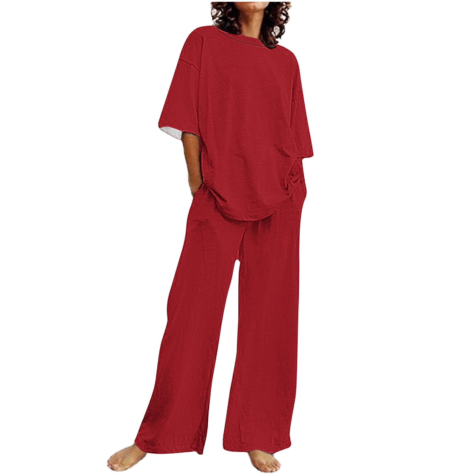 Bixock Women's 2 Piece Casual Set,Short Sleeve Long Pants Outfit,Solid ...
