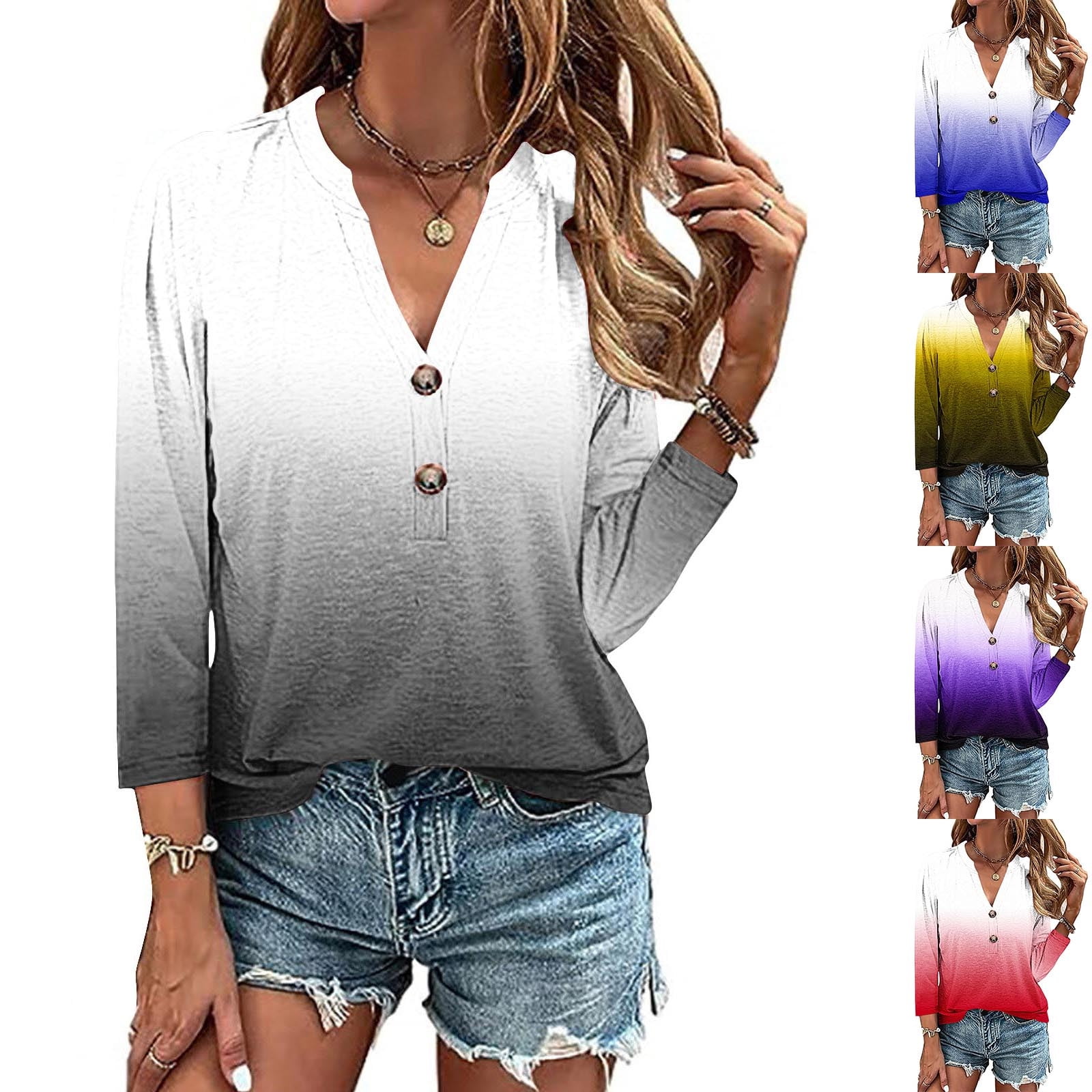 Bixock Women's 3/4 Sleeve Summer Tops Solid Color V Neck Casual Button ...