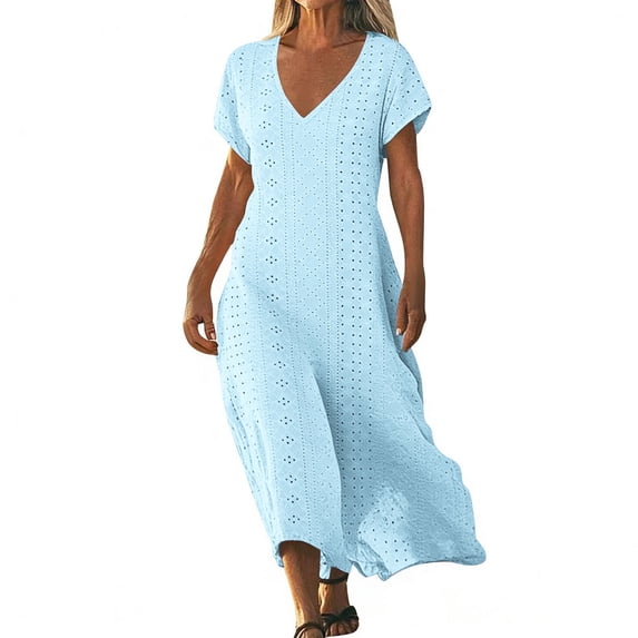 Bixock Women's Summer Casual Boho Maxi Dress Solid Color V Neck Short ...