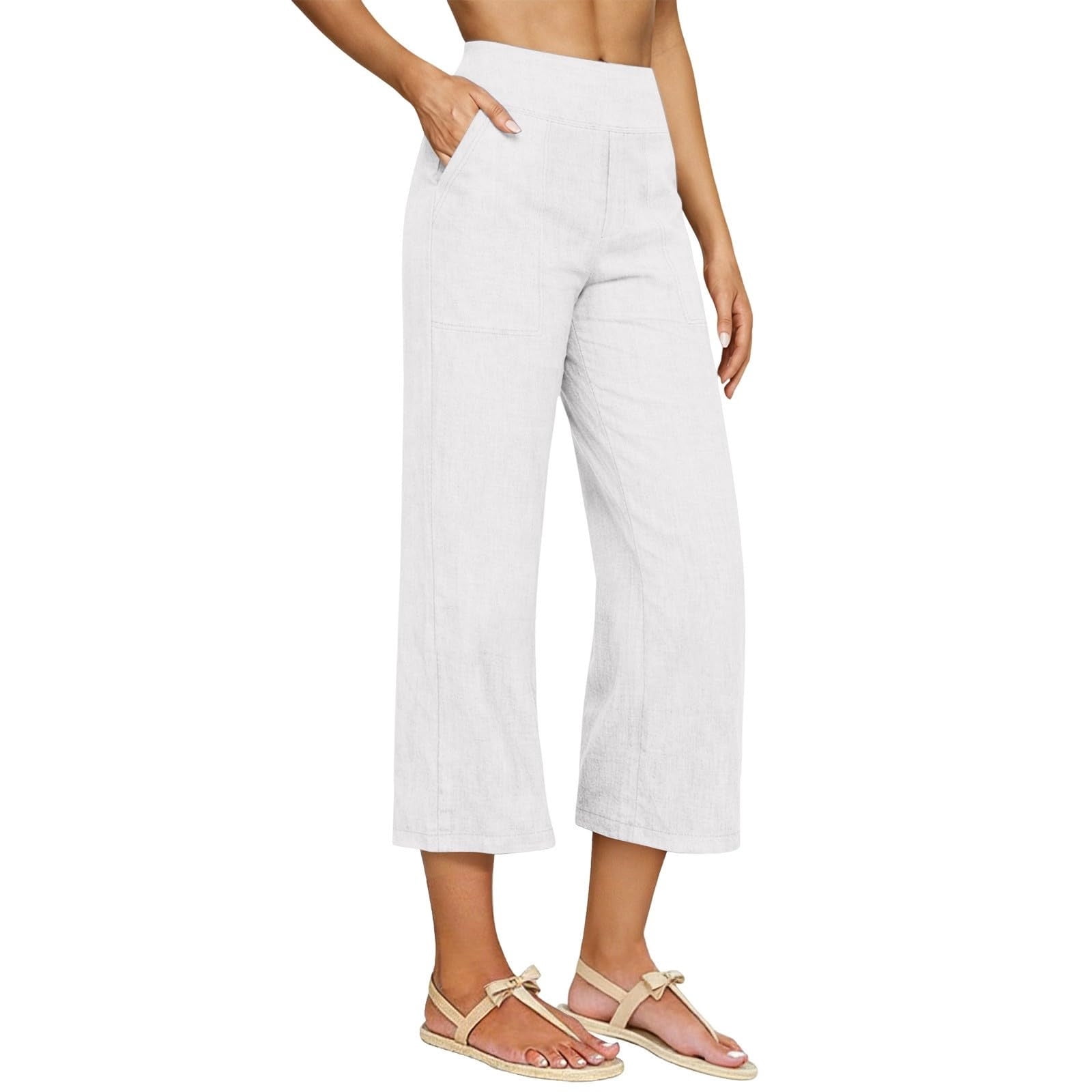 Bixock Women's Wide Leg Capri Pants Cotton Linen High Waist Side Pocket ...