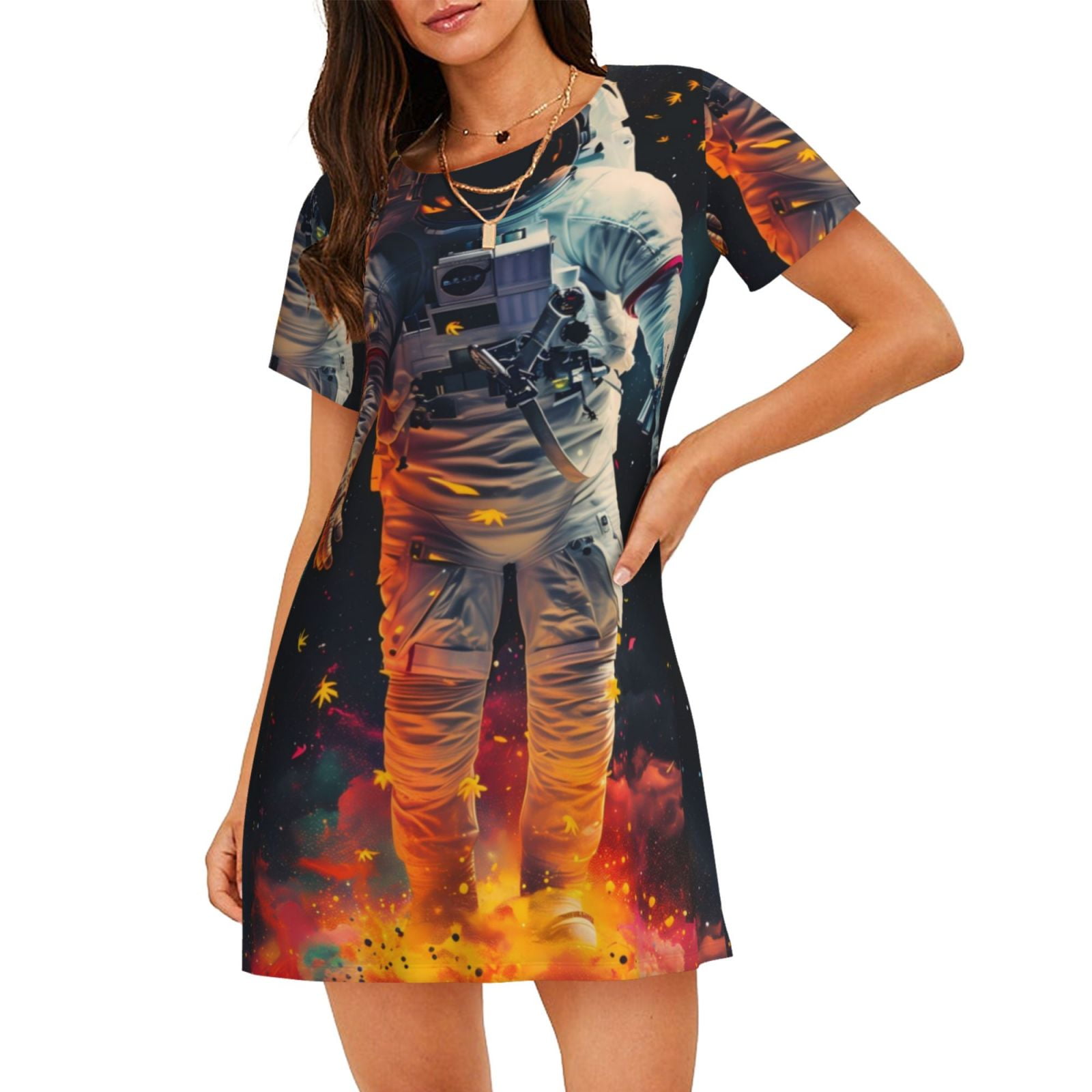 Bixox Astronaut Cosmic Rainbow Pattern Women's Nightgown, Soft ...