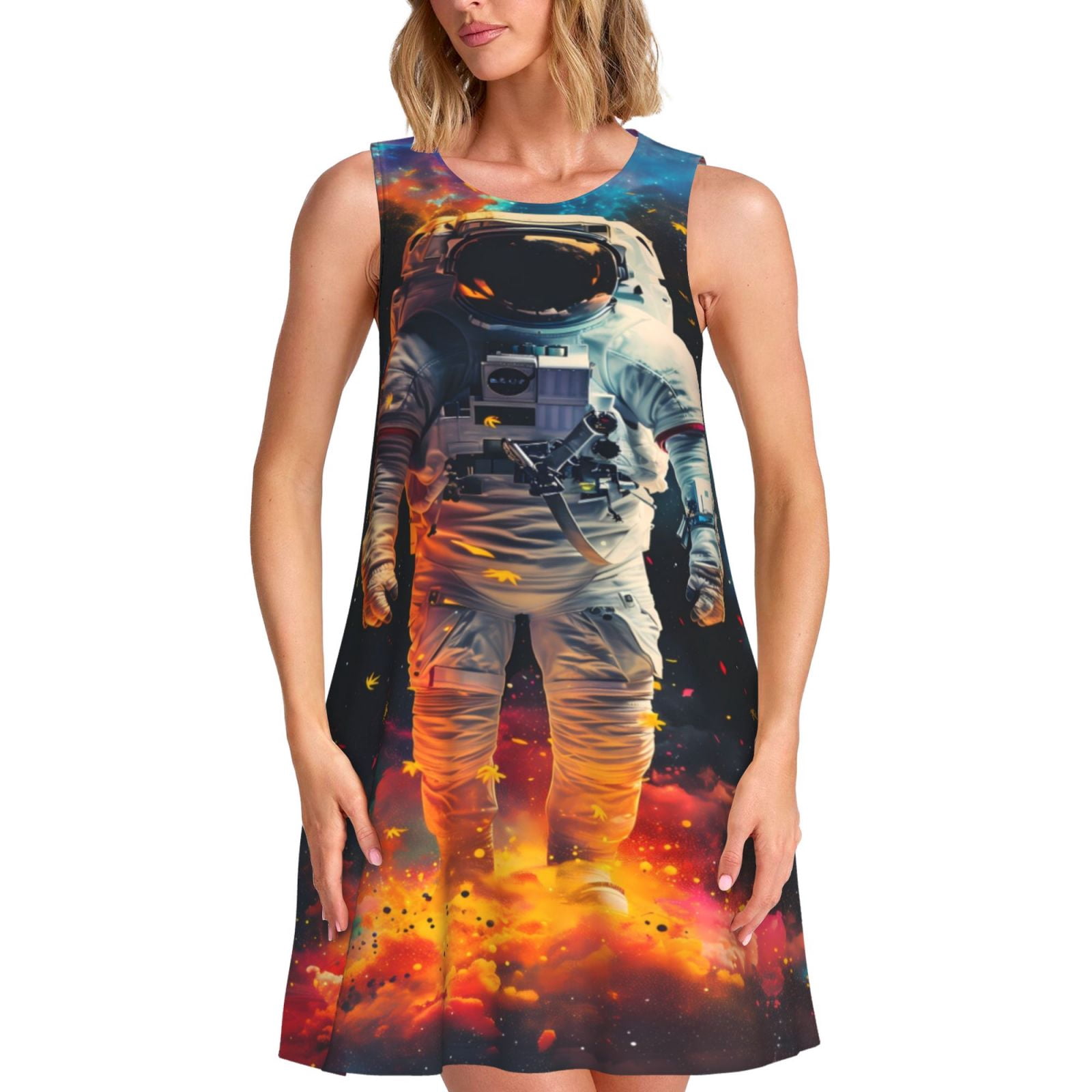 Bixox Astronaut Cosmic Rainbow Print Women's Sleeveless A-Line Dress ...