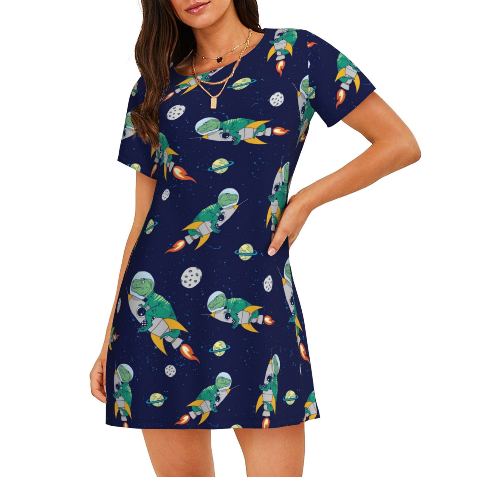 Bixox Astronaut Dinosaur Pattern Women's Nightgown, Soft & Breathable ...