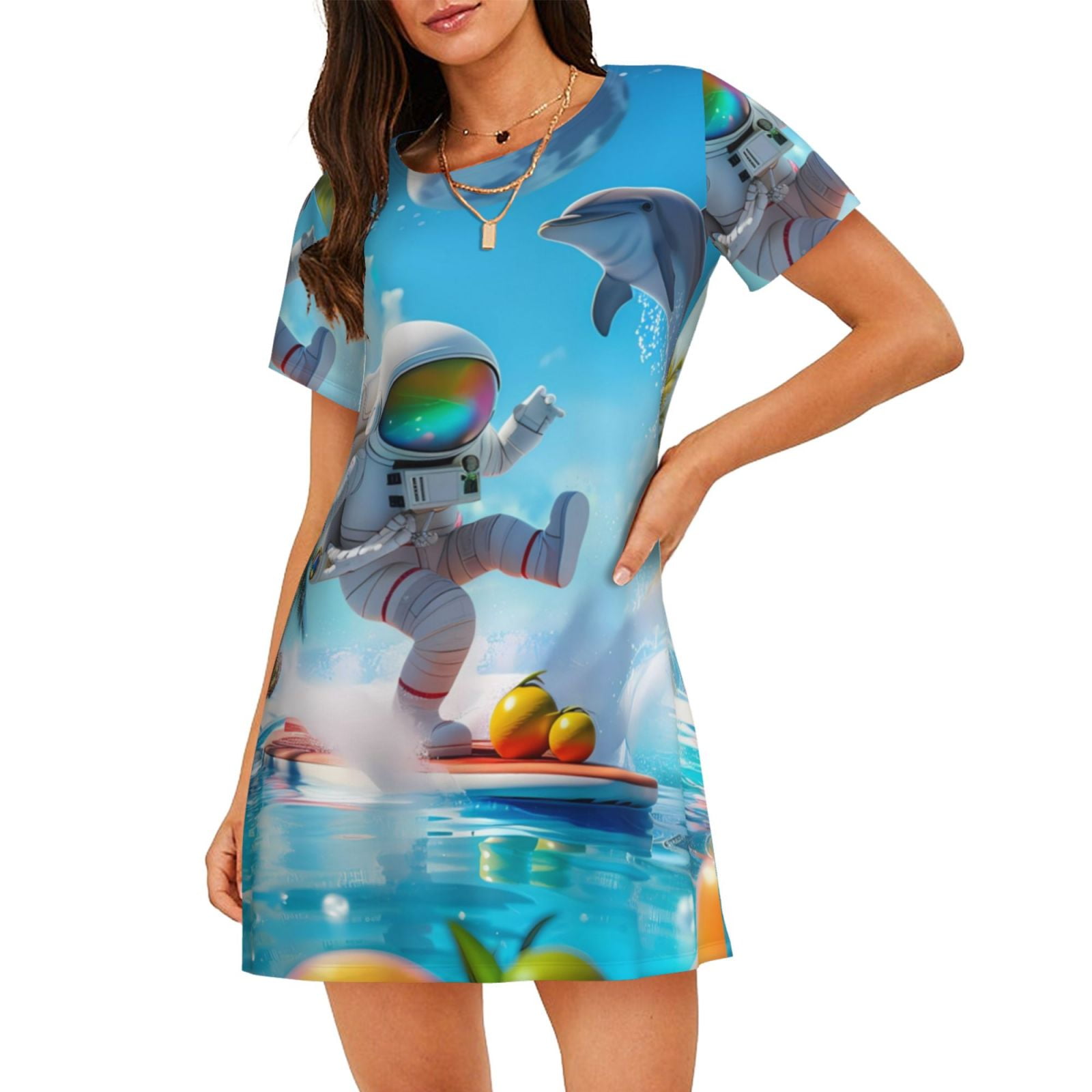 Bixox Astronaut Tropical Dolphin Pattern Women's Nightgown, Soft ...