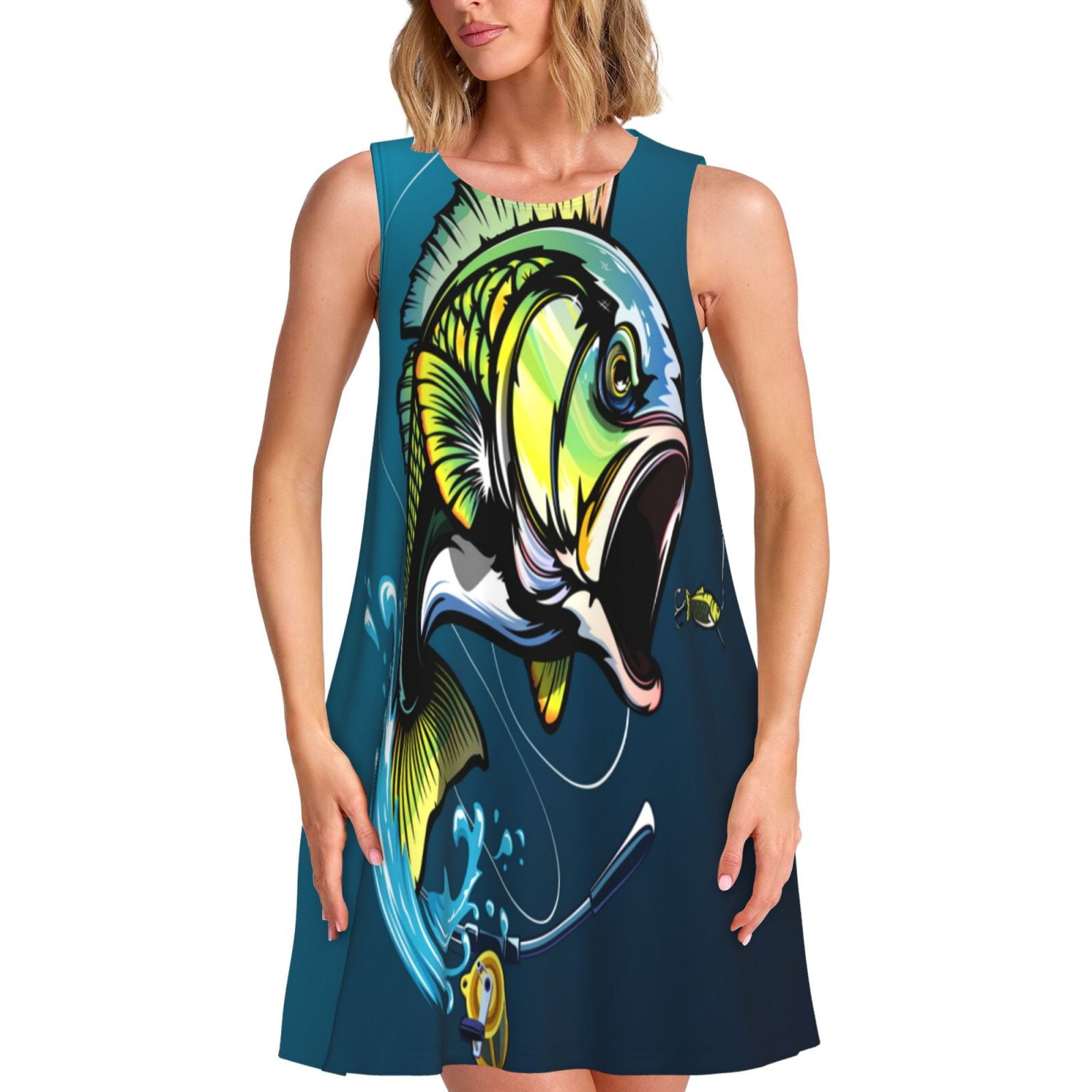 Bixox Big bass fish1 Print Women's Sleeveless A-Line Dress with Pockets, Casual Knee-Length Tank ...
