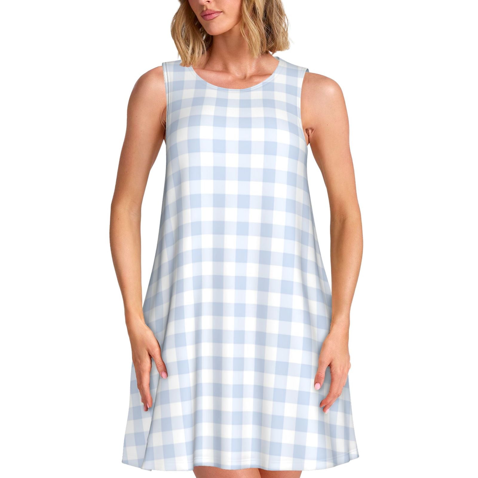 Bixox Blue Checkboard Print Women's Sleeveless A-Line Dress with ...