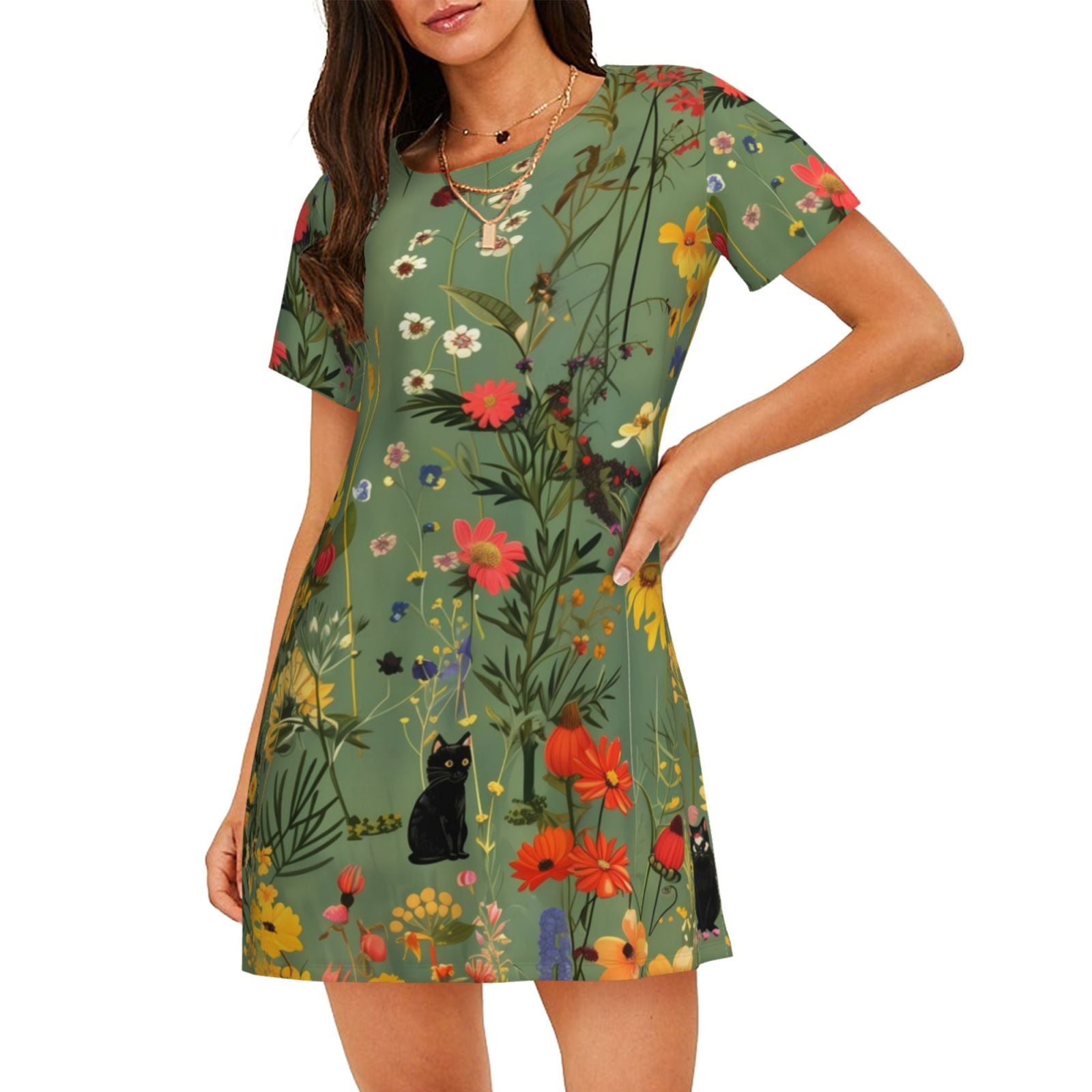 Bixox Botanical Garden With Cats Pattern Women's Nightgown, Soft ...