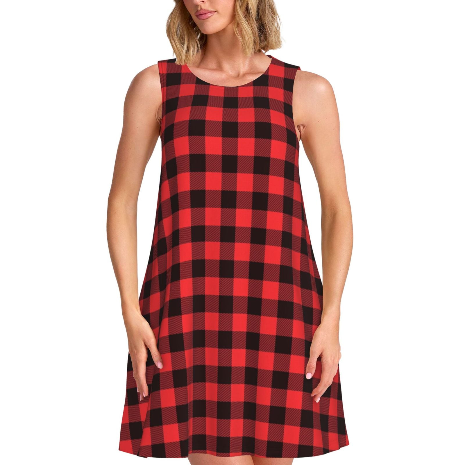 Bixox Buffalo Plaid Red Black Print Women's Sleeveless A-Line Dress ...