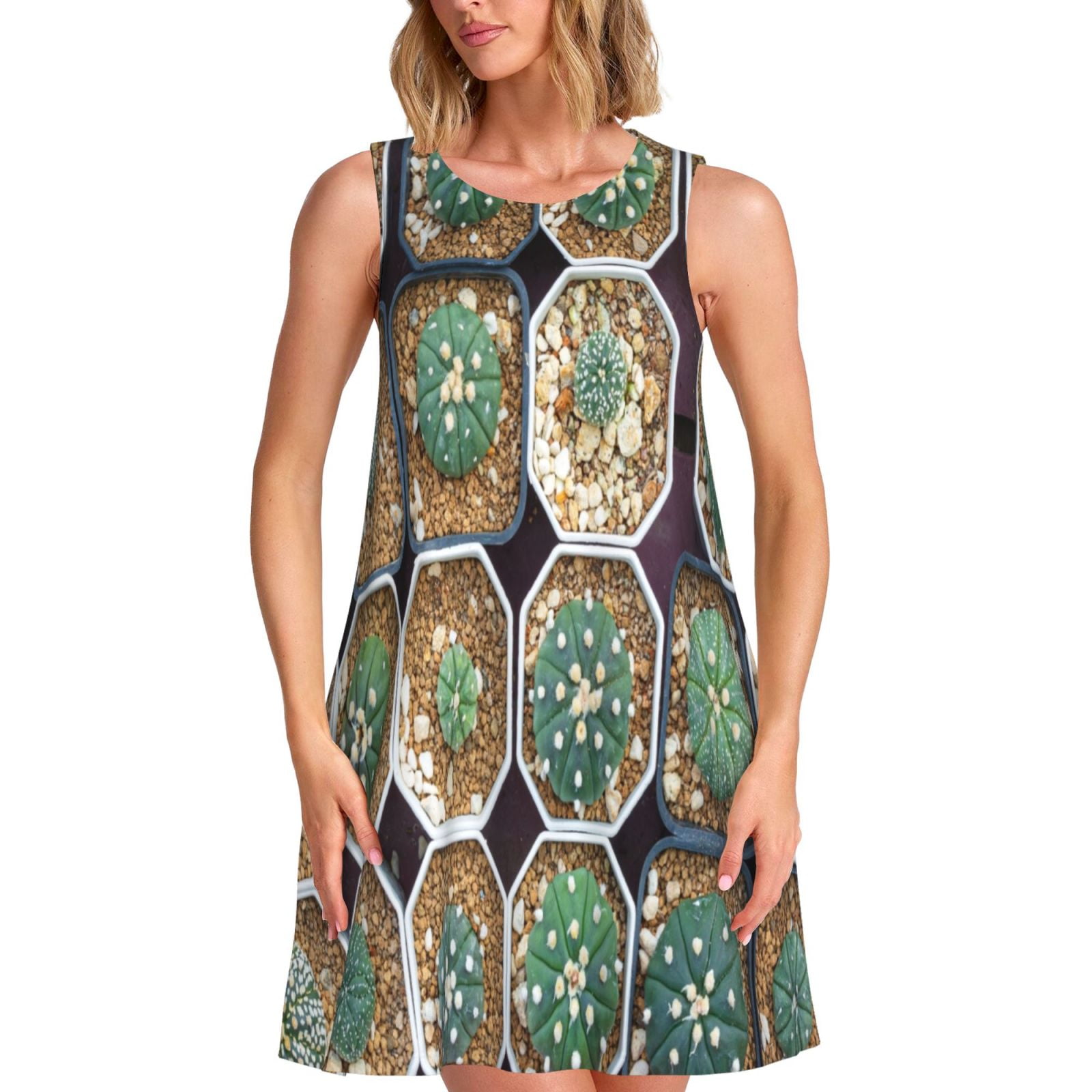 Bixox Cactus Garden Print Women's Sleeveless A-Line Dress with Pockets ...