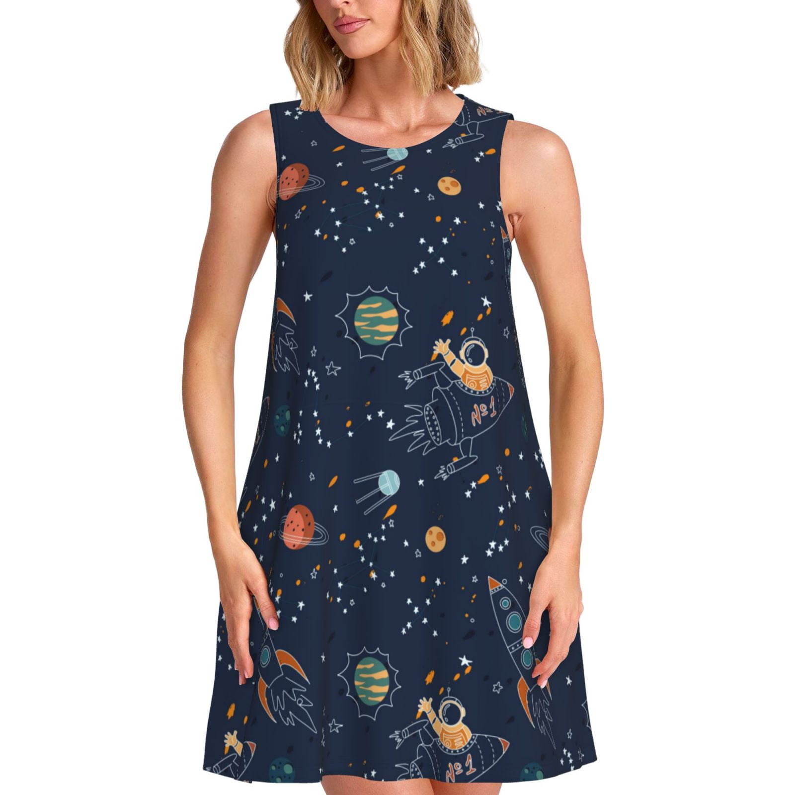 Bixox Cartoon Space Planets Print Women's Sleeveless A-Line Dress with ...
