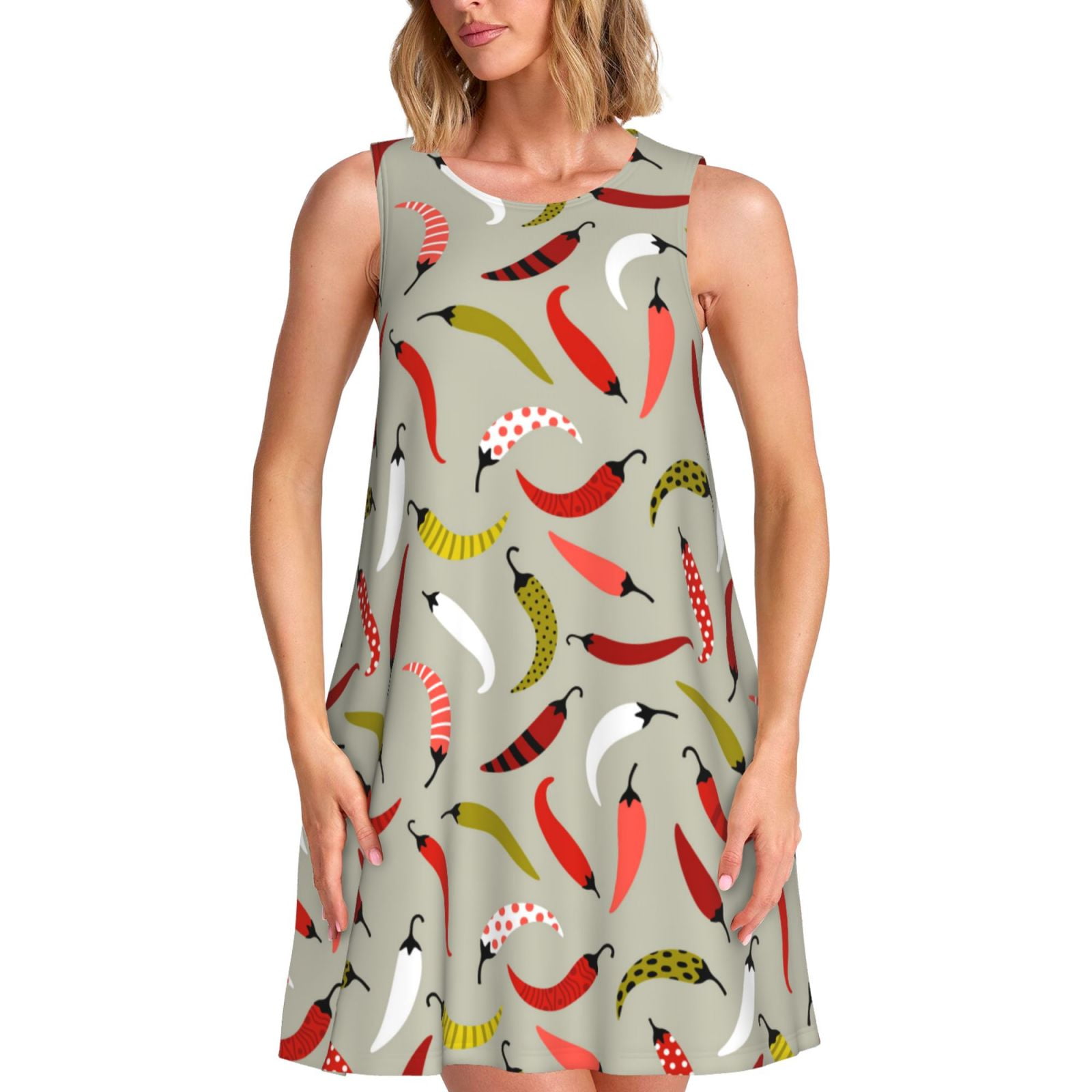 Bixox Colorful Chili Print Women's Sleeveless A-Line Dress with Pockets ...