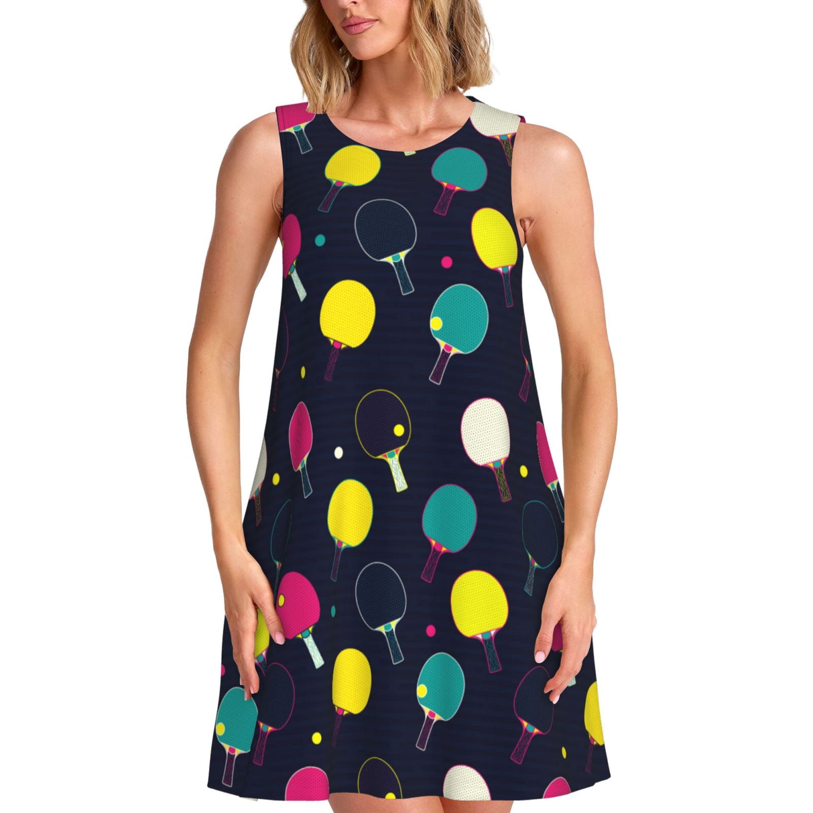 Bixox Colorful Ping Pong Rackets Print Women's Sleeveless A-Line Dress ...