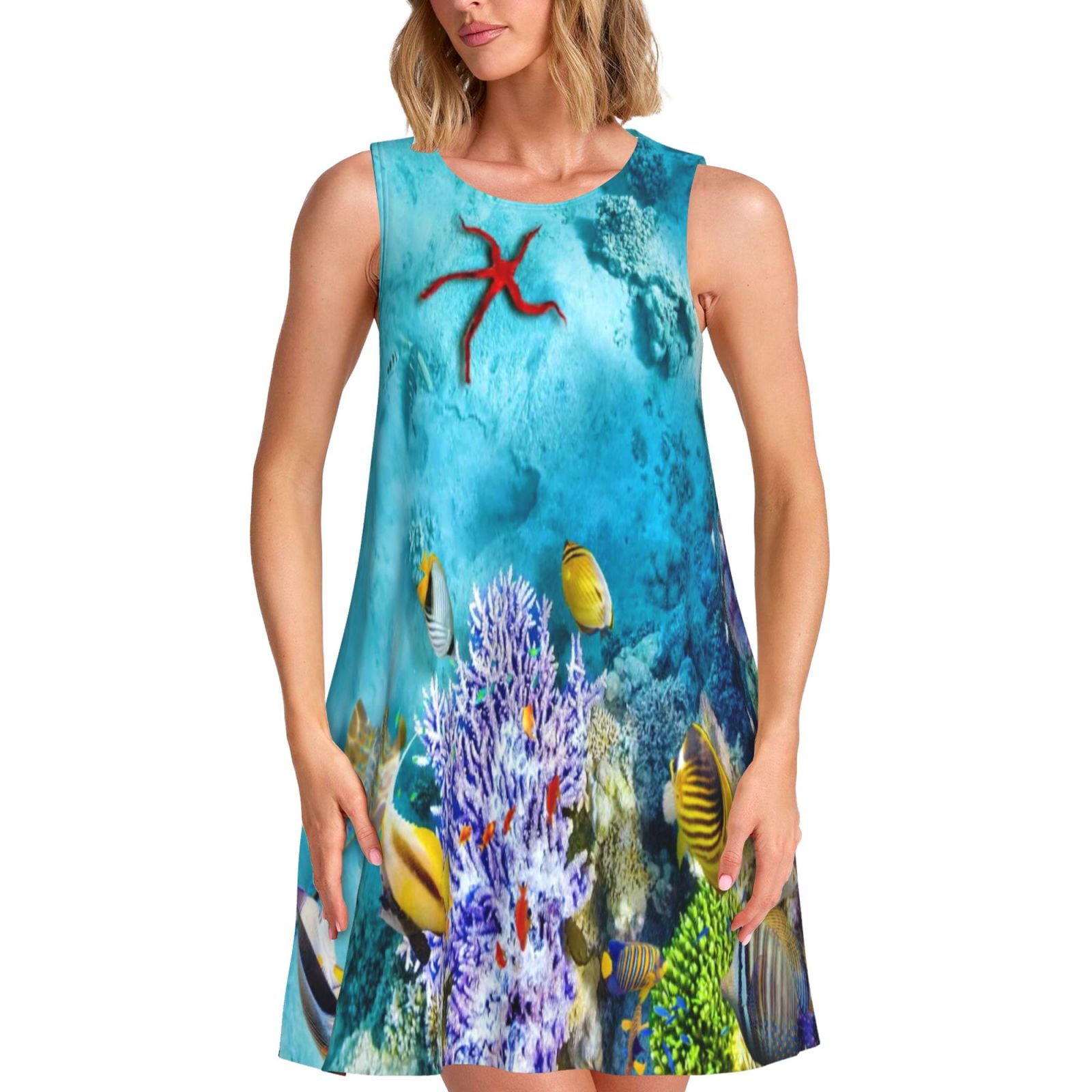 Bixox Corals and Tropical Fish Print Women's Sleeveless A-Line Dress ...