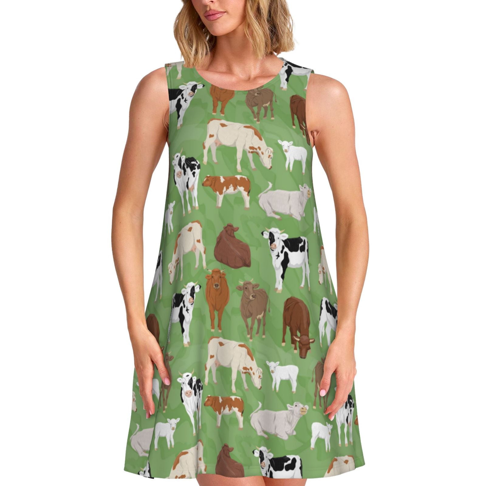 Bixox Cows And Calves Print Women's Sleeveless A-Line Dress with ...