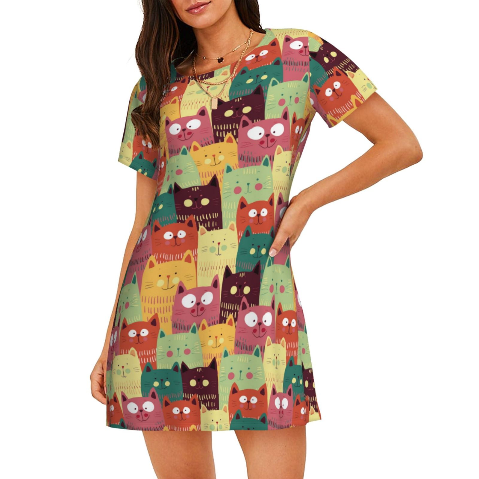 Bixox Cute Cartoon Cat Pattern Women's Nightgown, Soft & Breathable ...