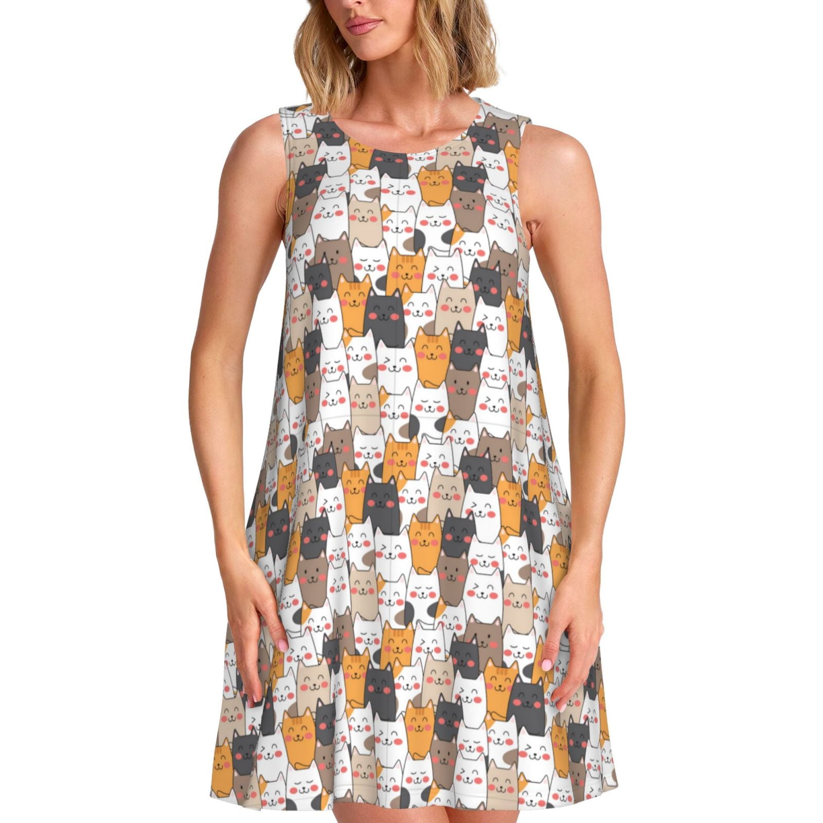 Bixox Cute Cats Print Women's Sleeveless A-Line Dress with Pockets ...