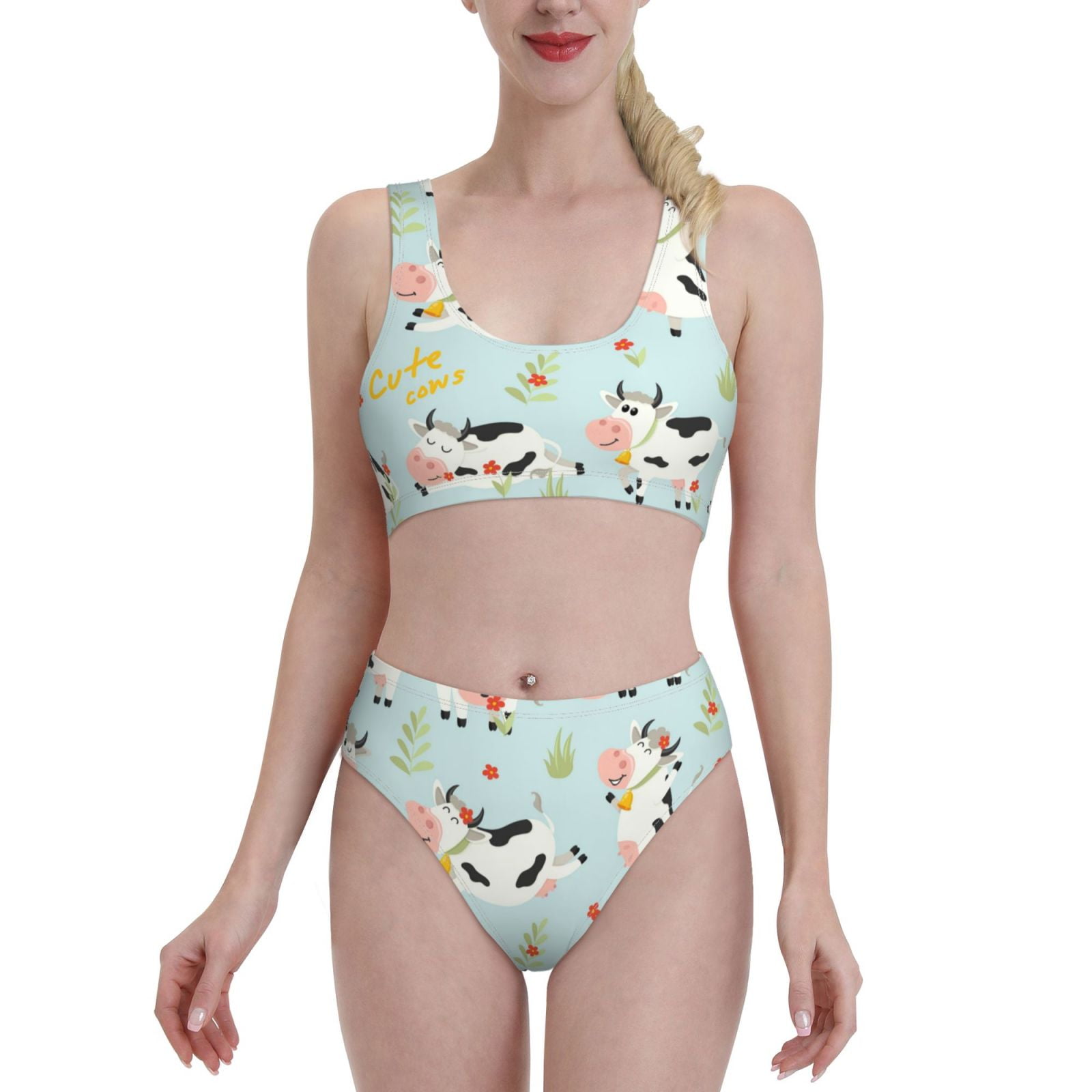 Bixox Cute Cows Pattern Two-Piece Sports Bikini with U-Shaped Top and High-Waist Bottom - Women ...