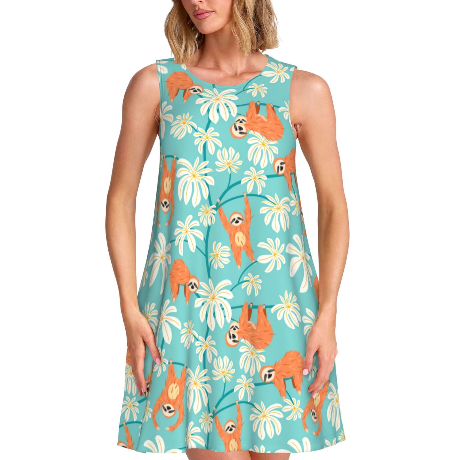 Bixox Cute Sloth on Floral Tree Print Women's Sleeveless A-Line Dress ...