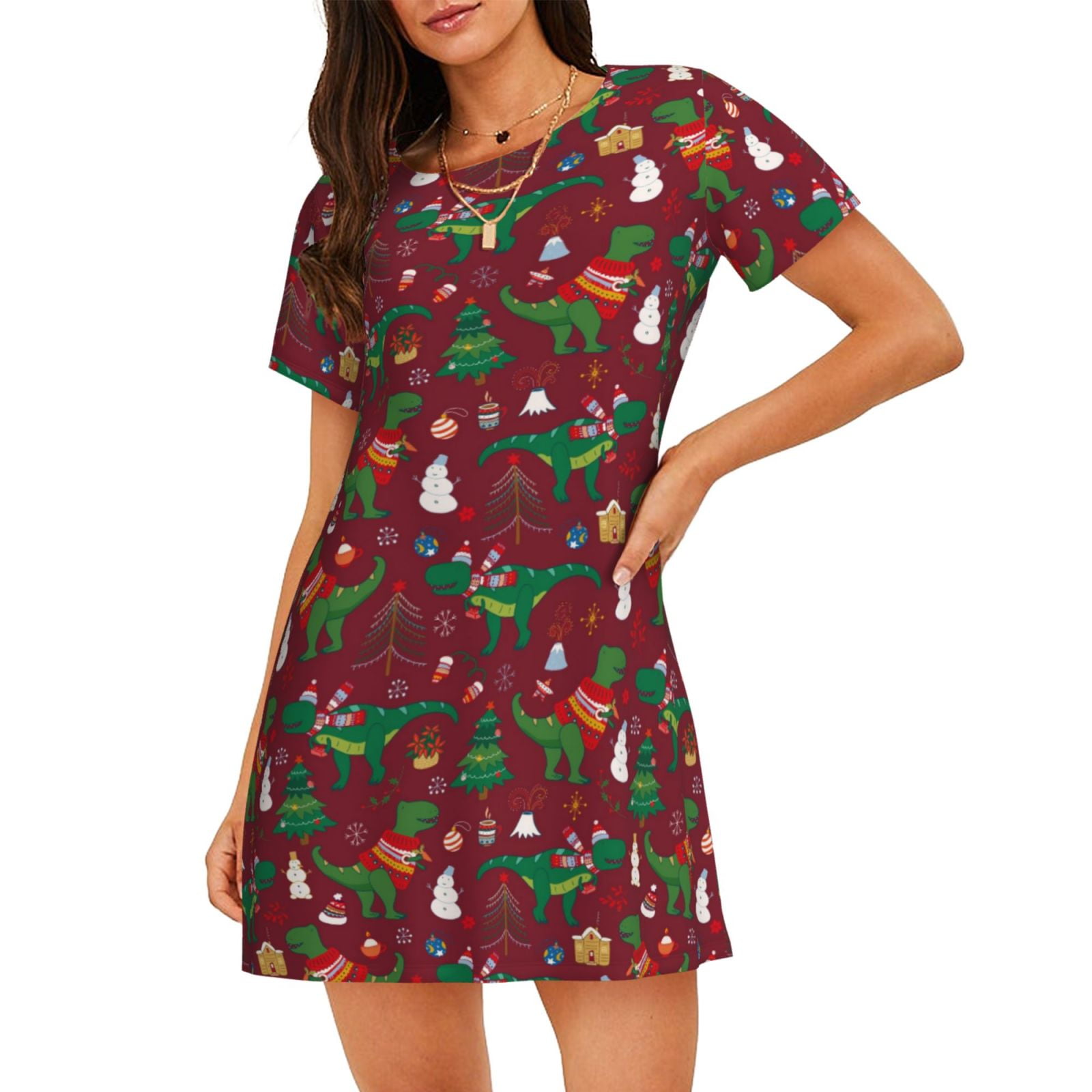Bixox Dinosaur Christmas Pattern Women's Nightgown, Soft & Breathable ...