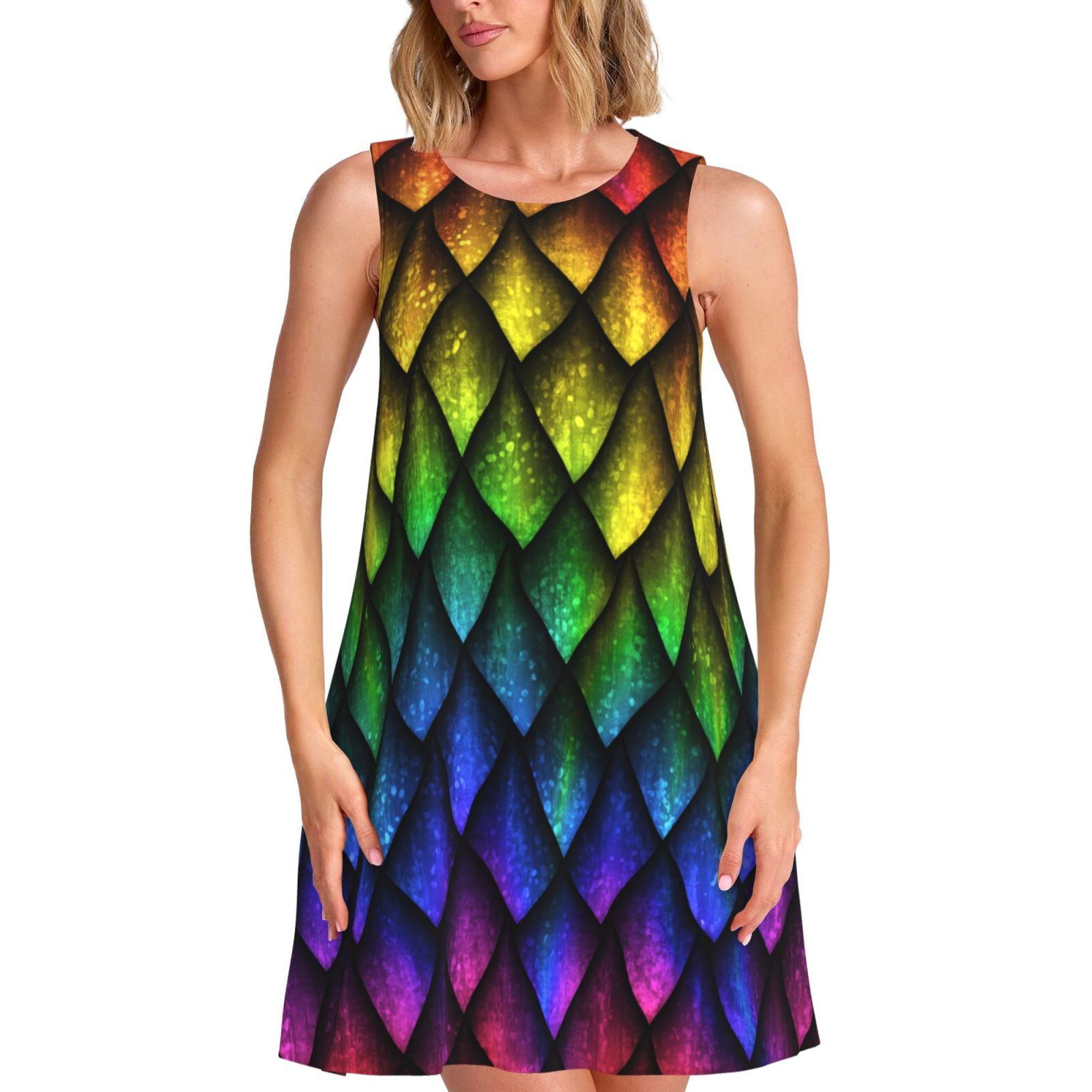 Bixox Dragon Scales Print Women's Sleeveless A-Line Dress with Pockets ...