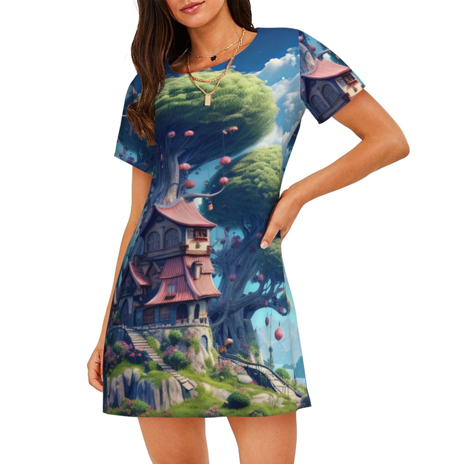 Bixox Fantasy Treehouse Planet Scene Pattern Women's Nightgown, Soft ...