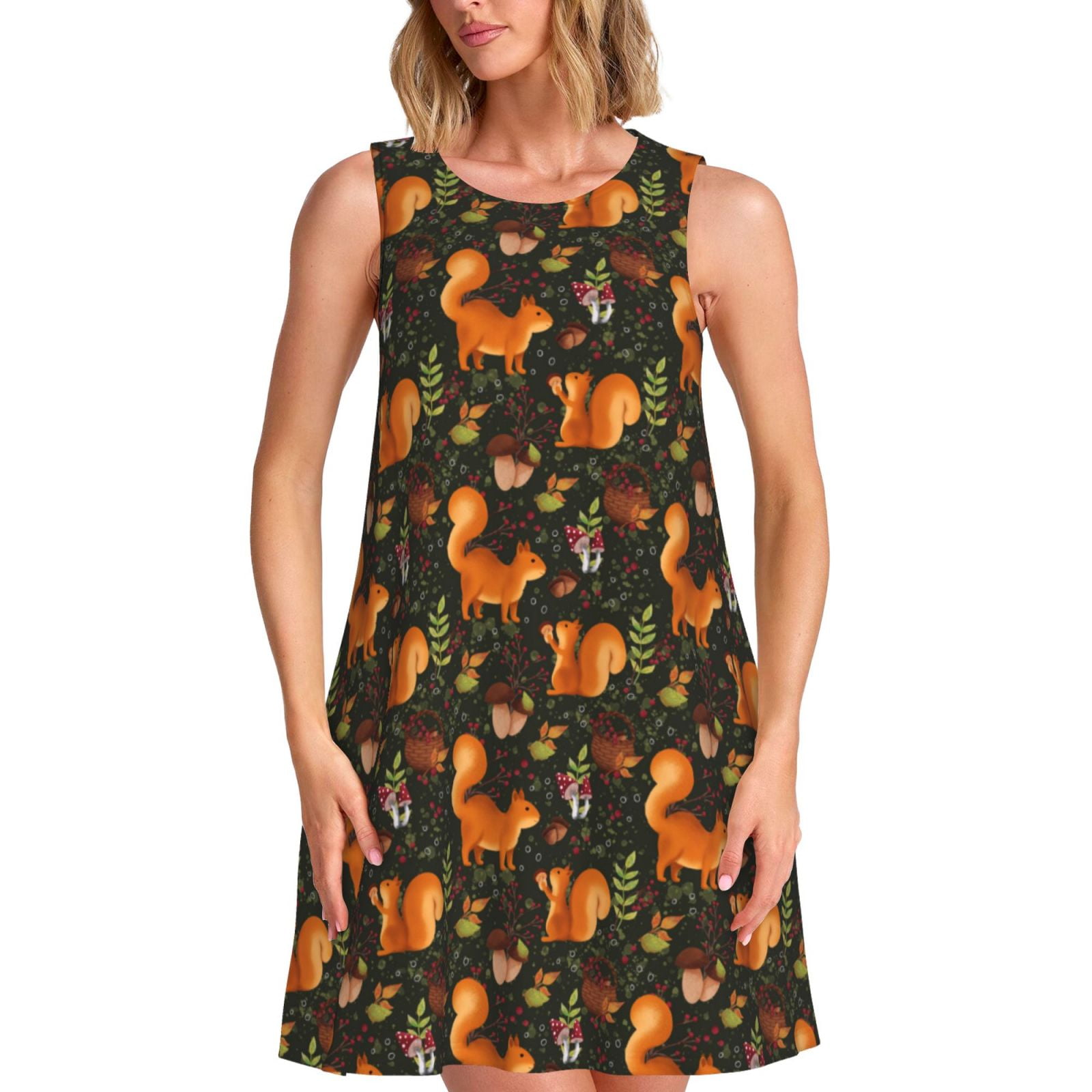 Bixox Festive Squirrels Dark Forest Print Women's Sleeveless A-Line ...