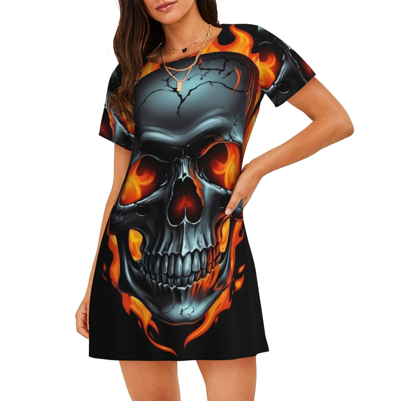 Bixox Flame Metal Skull Pattern Women's Nightgown, Soft & Breathable ...