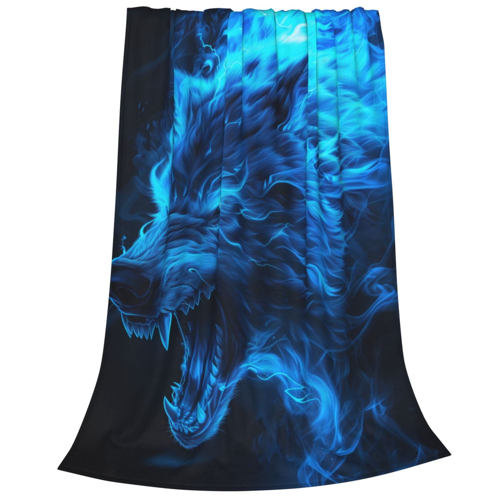 Bixox Fleece Blanket Ice Blue Fire Wolf Pattern Super Soft Double-Sided ...