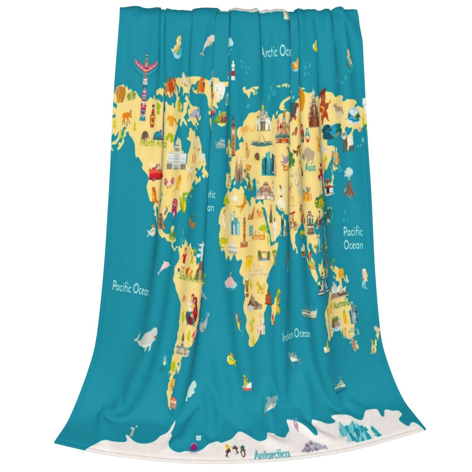 Bixox Fleece Blanket World Map With Landmarks Pattern Super Soft Double ...