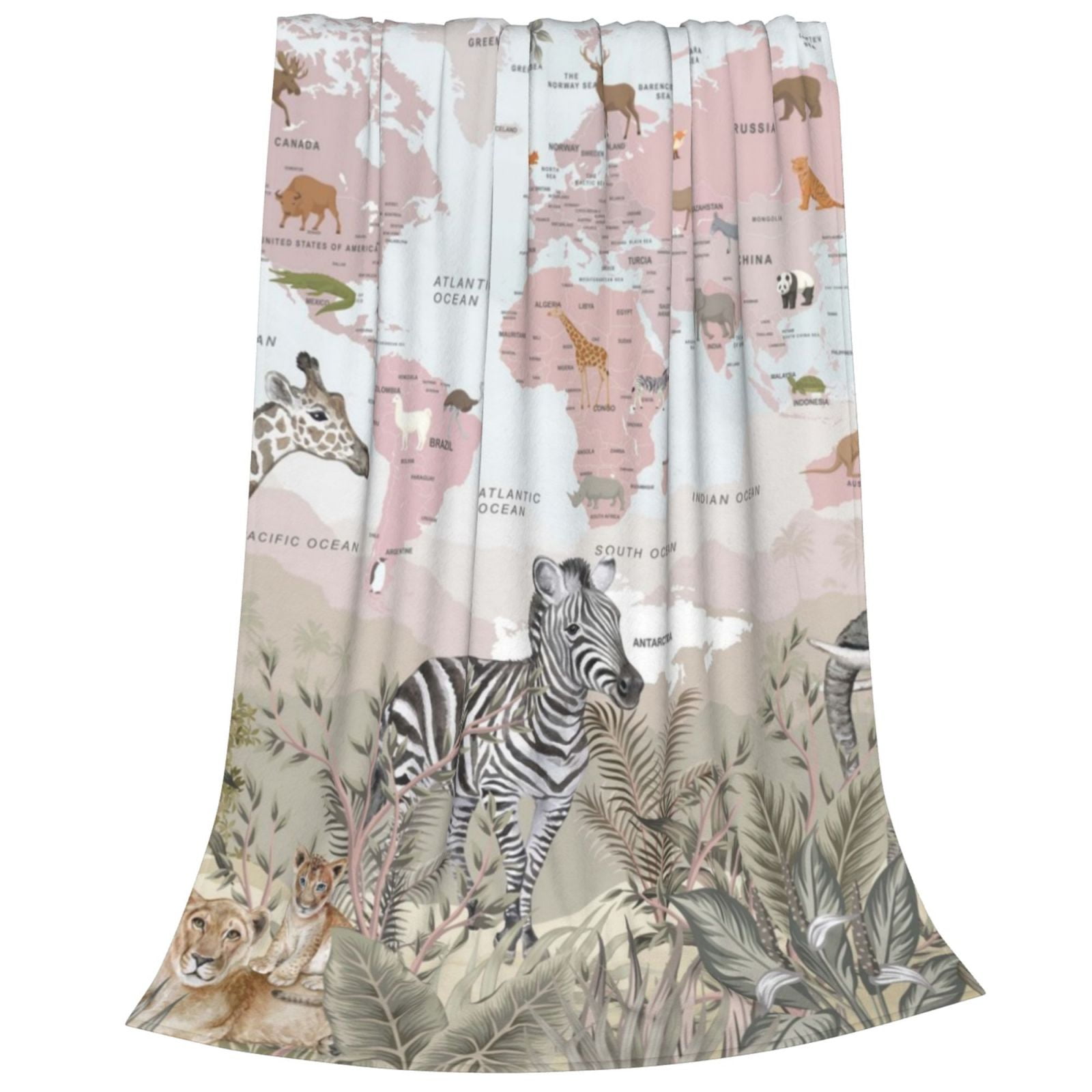Bixox Fleece Blanket World Map With Safari Animals Pattern Super Soft ...