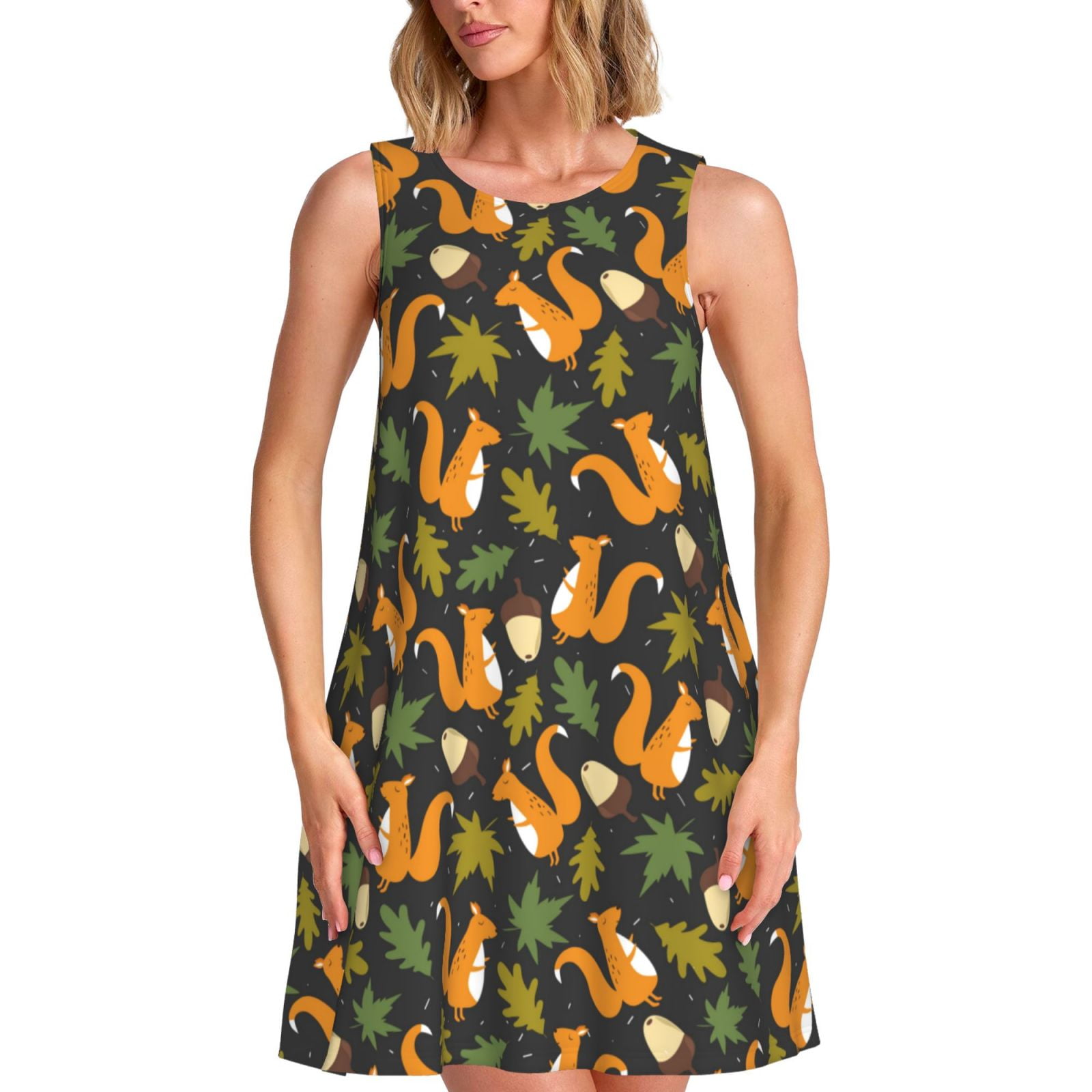 Bixox Forest Squirrel Print Women's Sleeveless A-Line Dress with ...