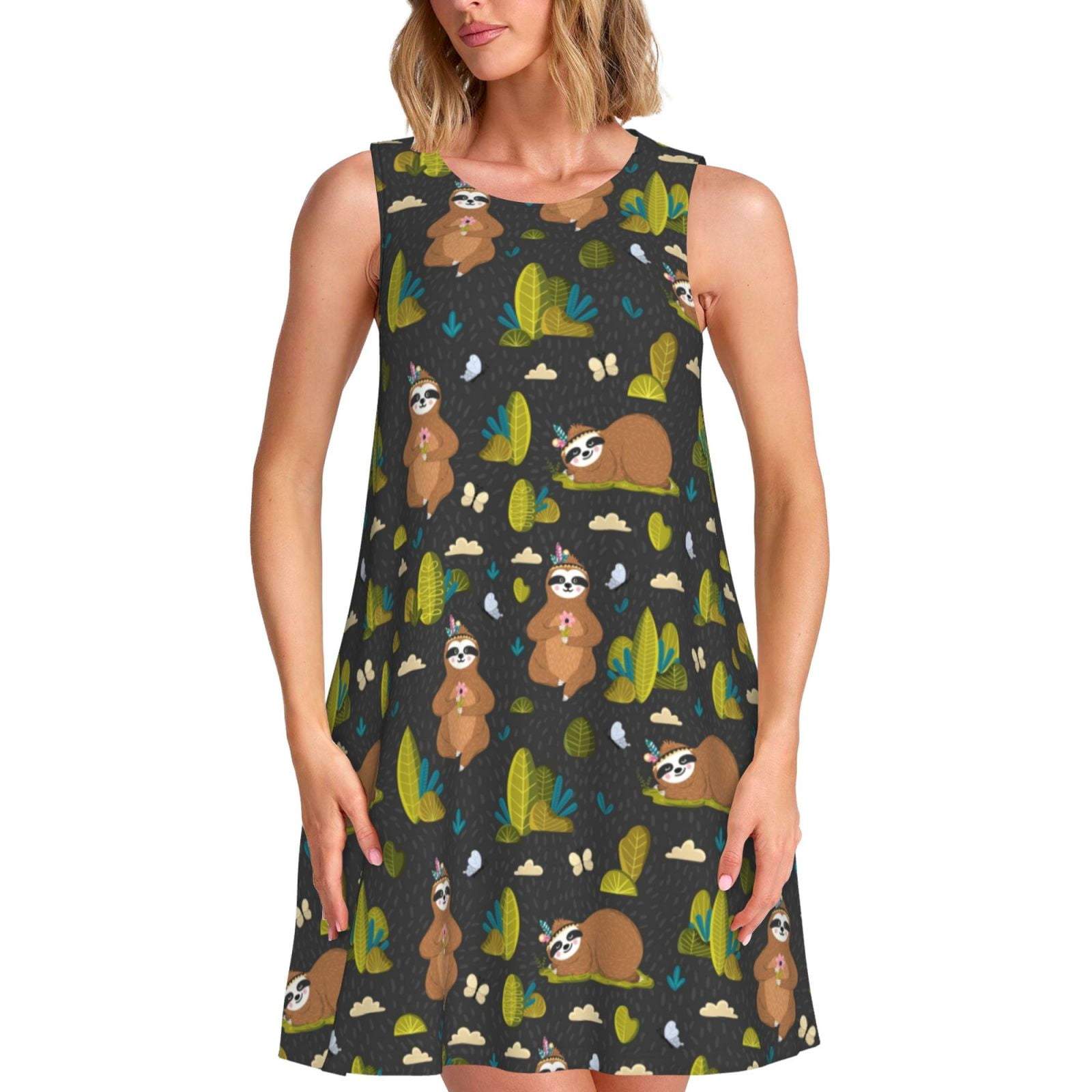 Bixox Funny Sloths In The Forest Print Women's Sleeveless A-Line Dress ...