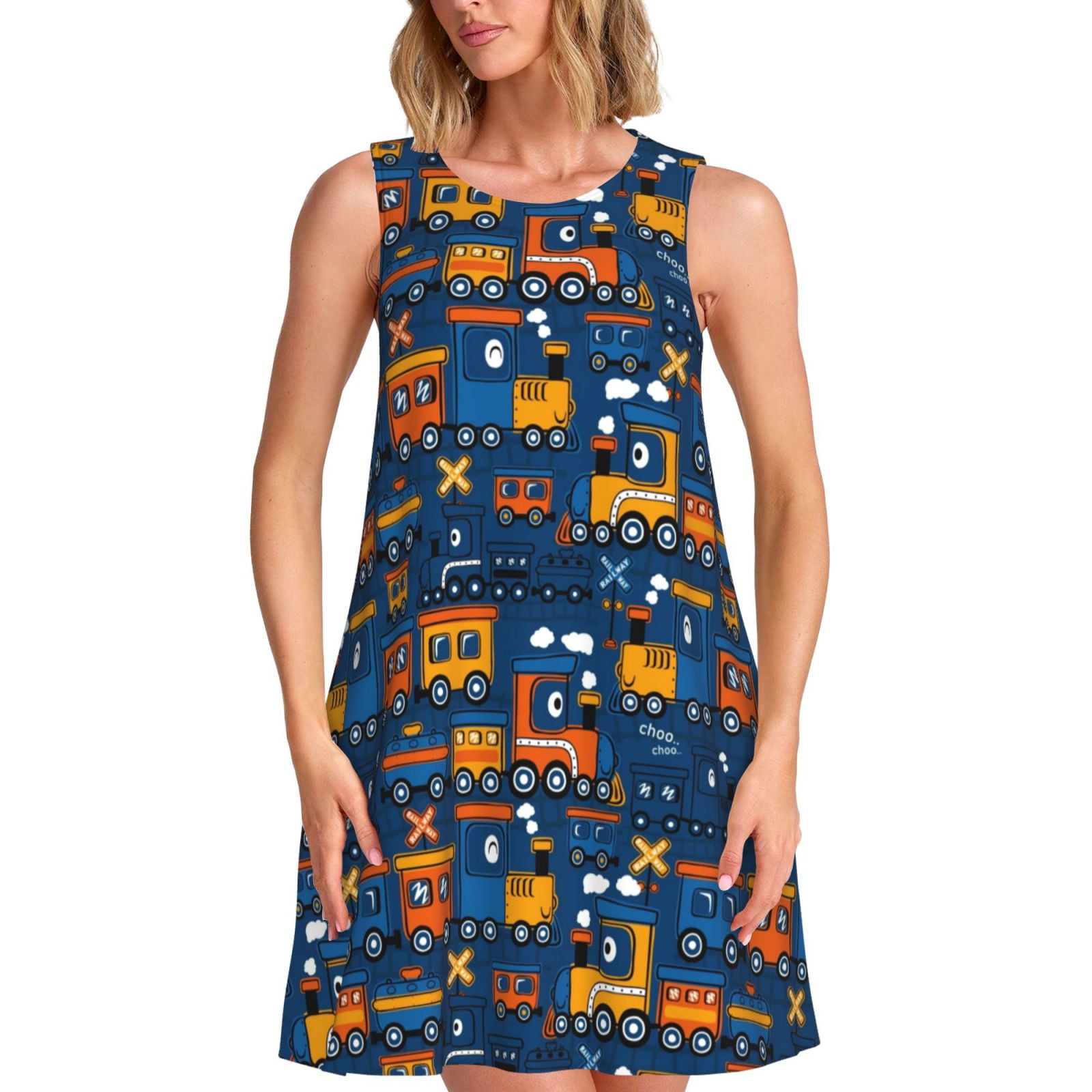 Bixox Funny Steam Train Print Women's Sleeveless A-Line Dress with ...