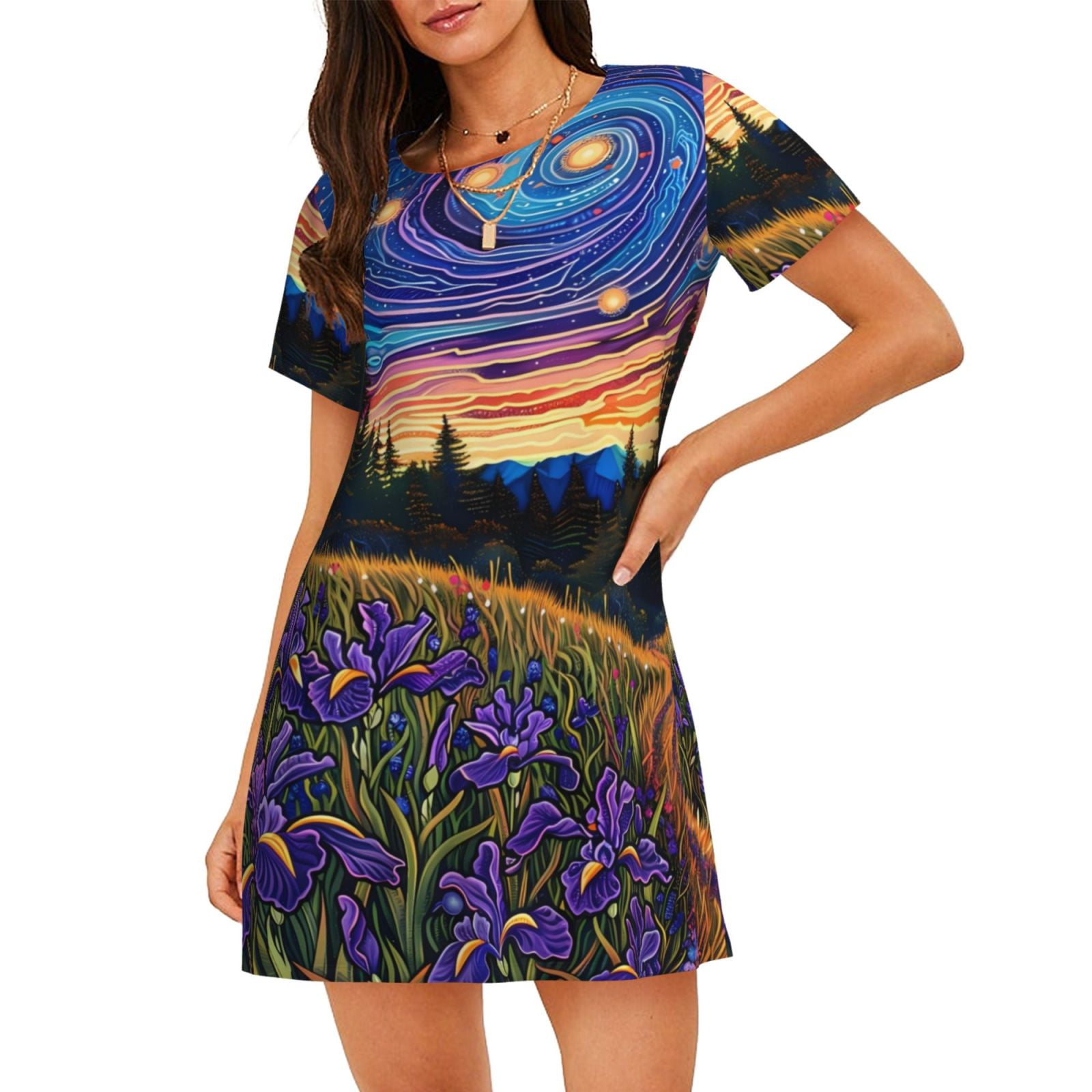 Bixox Galactic Night Over Meadow Pattern Women's Nightgown, Soft ...