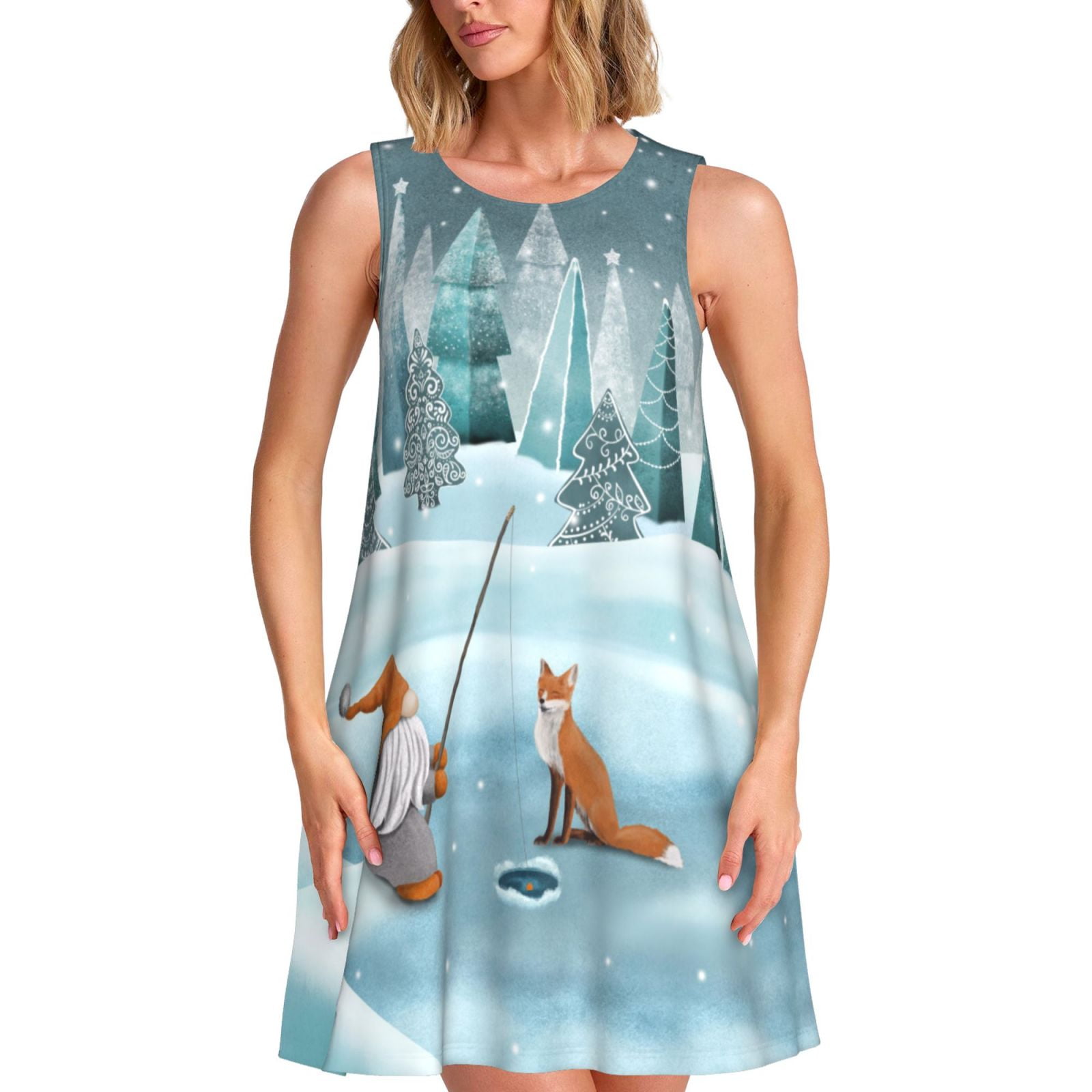 Bixox Gnome And Red Fox Fishing Print Women's Sleeveless A-Line Dress ...