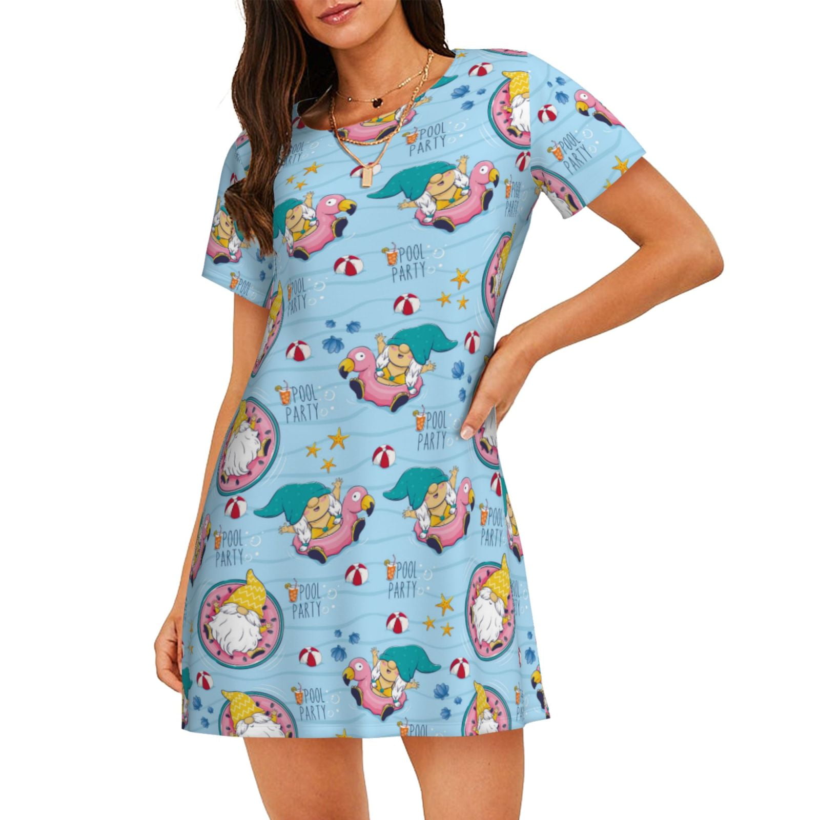Bixox Gnome Pool Party Pattern Women's Nightgown, Soft & Breathable ...