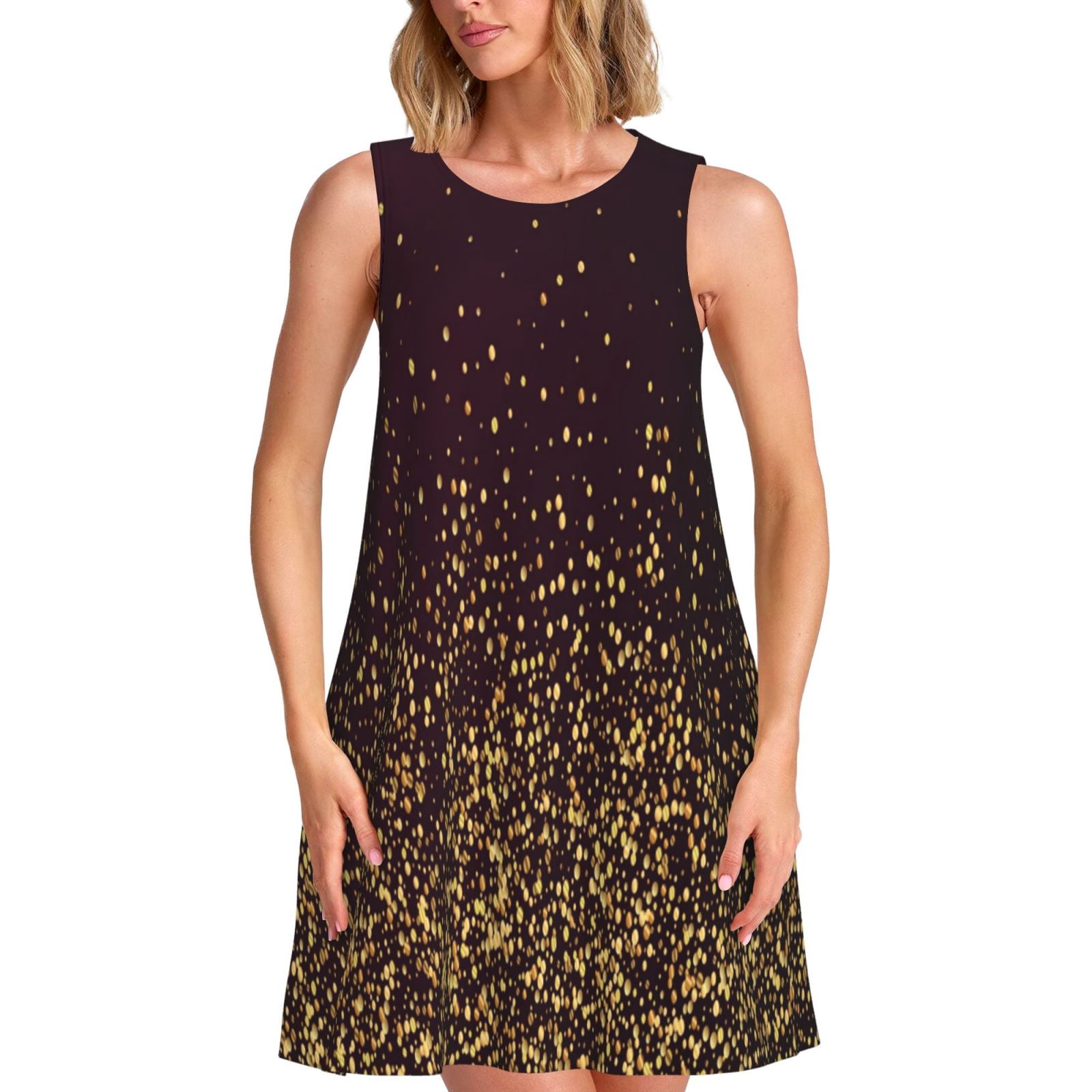 Bixox Gold sparklin Print Women's Sleeveless A-Line Dress with Pockets, Casual Knee-Length Tank ...