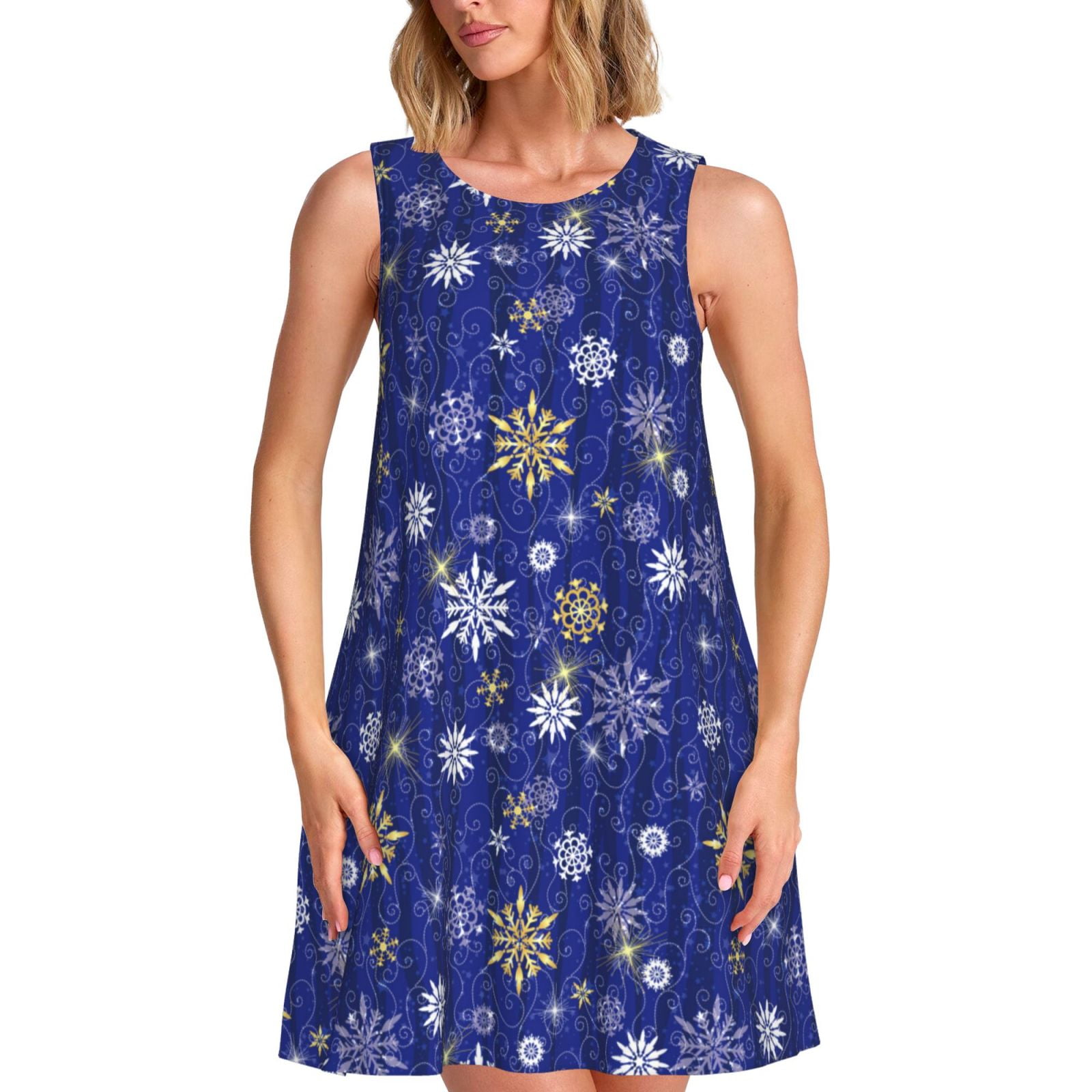 Bixox Golden Snowflakes Royal Blue Print Women's Sleeveless A-Line ...